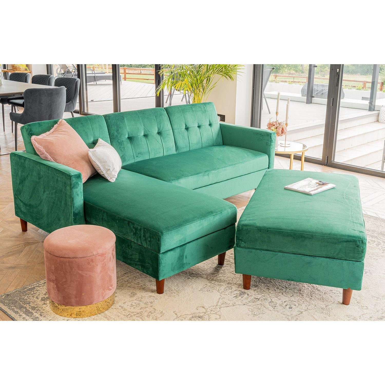 Destin Reversible Velvet Corner Sofa With Storage Chaise And Ottoman ...