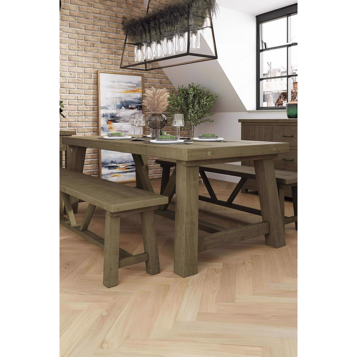 2M Fixed Top Dining Table with 2 Dining Benches & Extension Leaf Solid ...