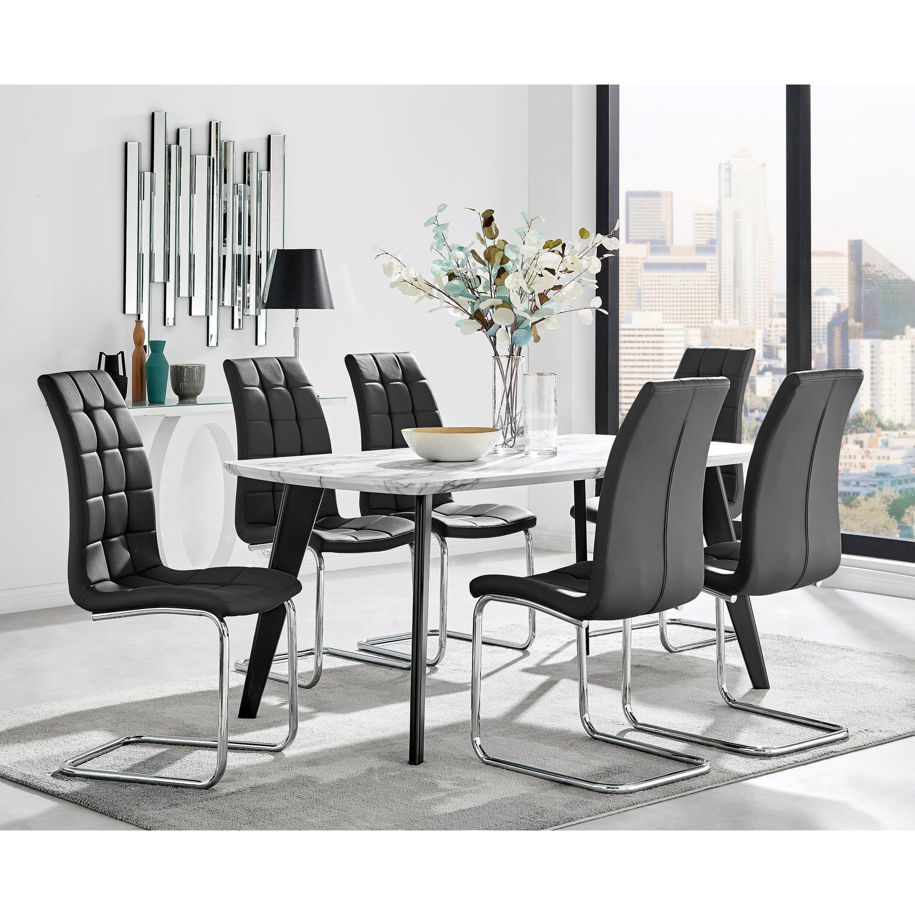 Andria Marble Effect Dining Table With Black Legs & 6 Murano Faux ...