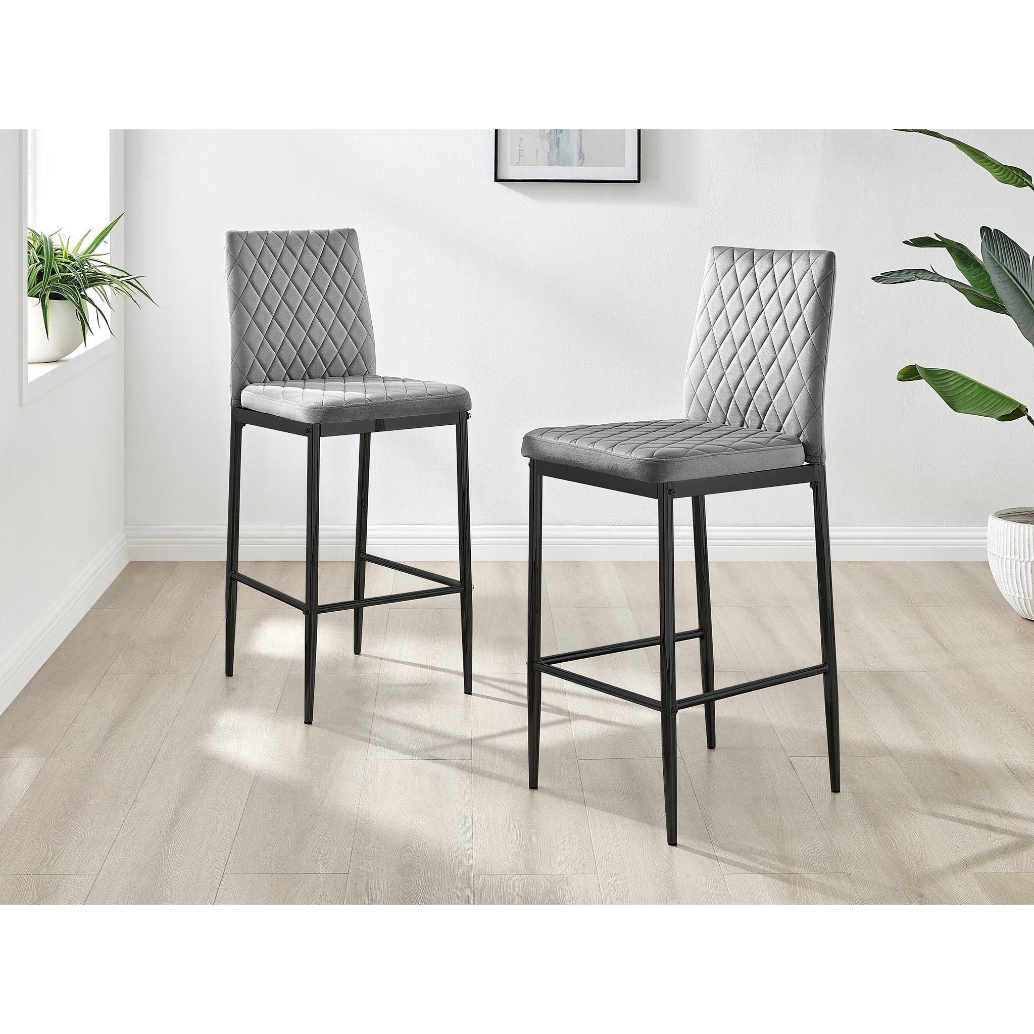 Set of 2 Milan Soft Touch Hatched Velvet Padded Bar Stools With Black ...
