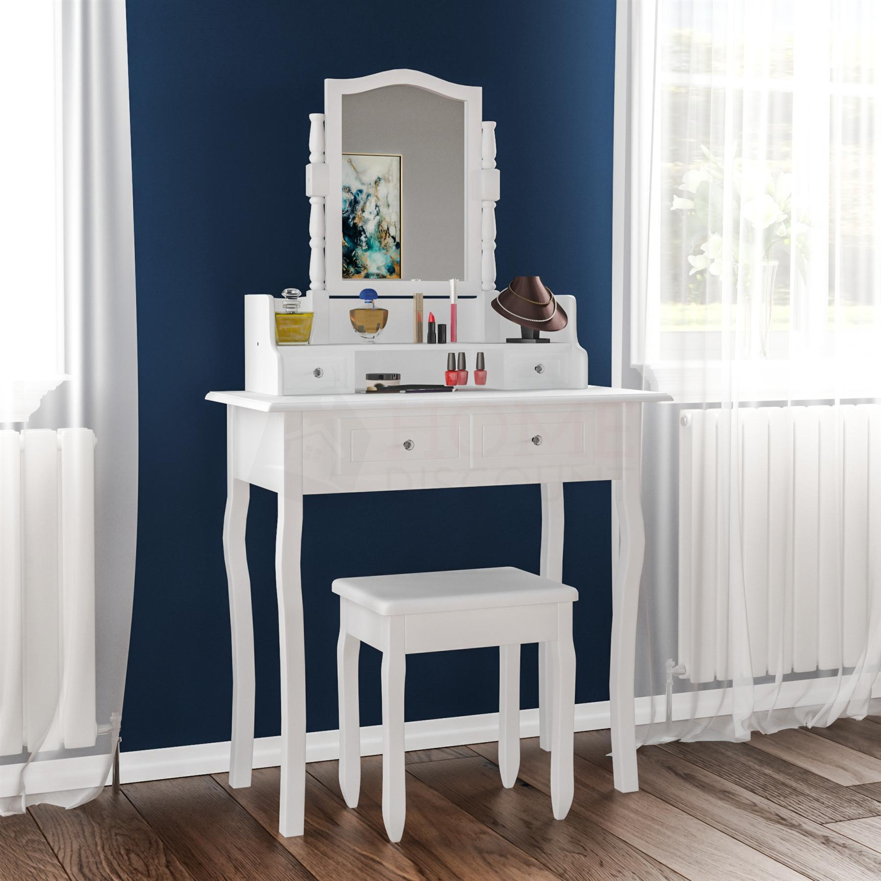 Vida Designs Nishano 4 Drawer Dressing Table White with Built-in Mirror and Stool by Debenhams ...