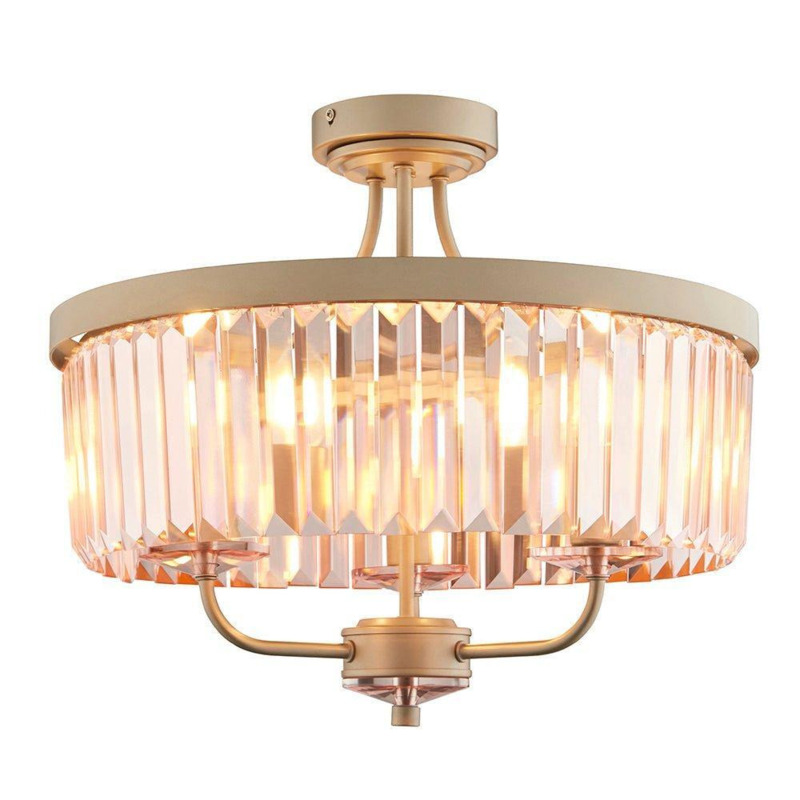 Round Champagne Finished Semi Flush Ceiling Light Rose Pink Cut Glass ...