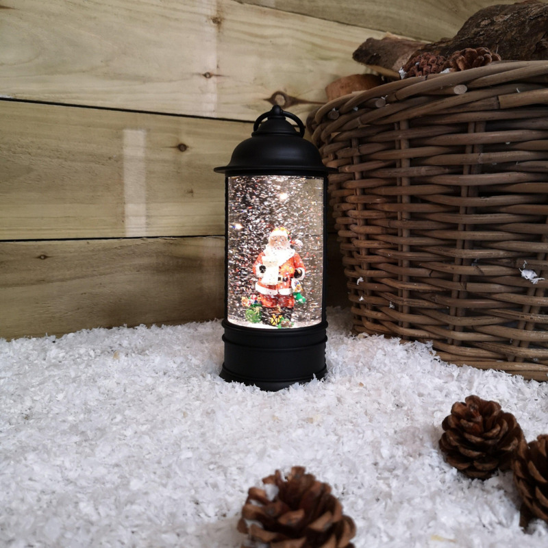 29cm Dual Power LED Christmas Glitter Water Spinner Black Lantern Santa ...