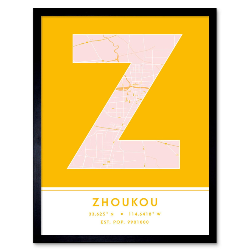 Zhoukou China City Map Modern Typography Stylish Letter Framed Word ...