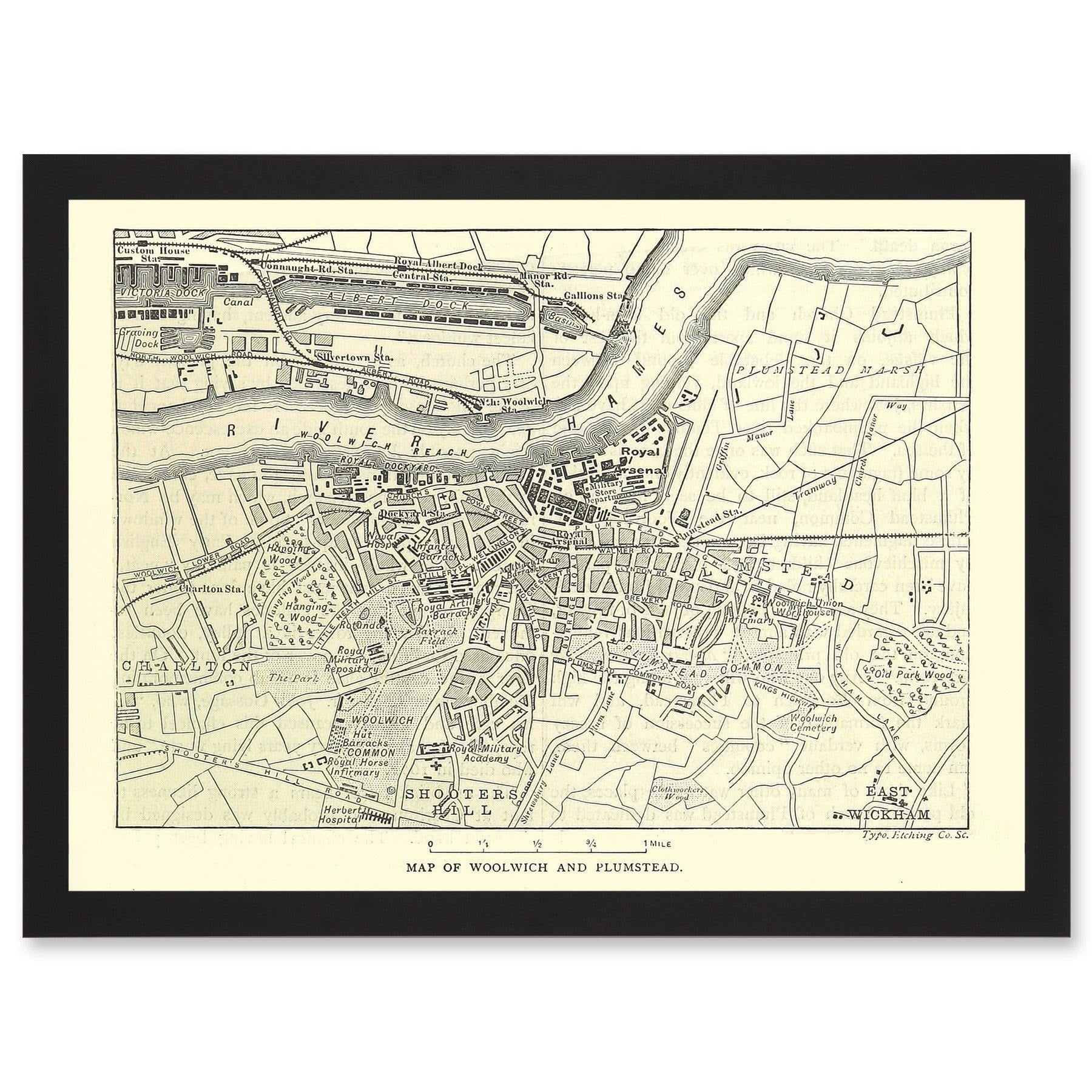 Map Antique Woolwich Plumstead London River Thames Artwork Framed Wall ...