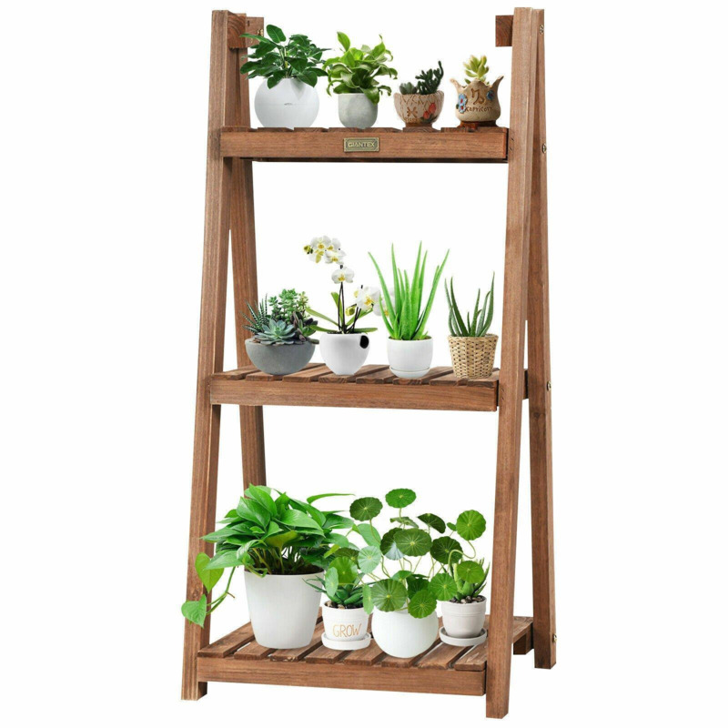 3 Tier Wooden Plant Stand Folding Flower Shelf Display Ladder Free ...