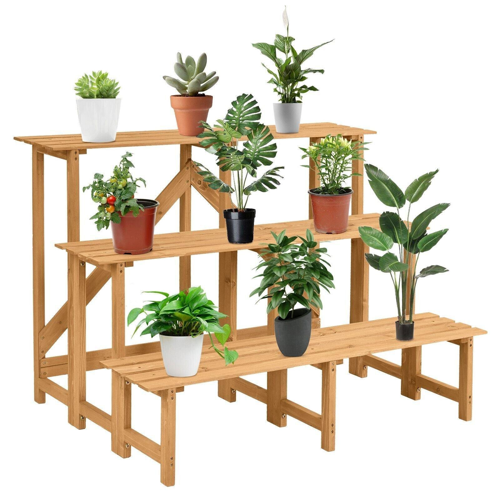 3-Tier Wooden Plant Stand Holder Flower Display Shelf Freestanding ...