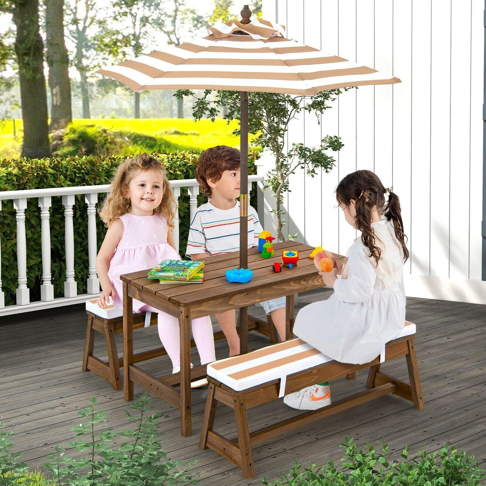 4 PCS Wooden Kids Picnic Table Bench Children Outdoor Activity Desk W Umbrella by Debenhams ufurnish