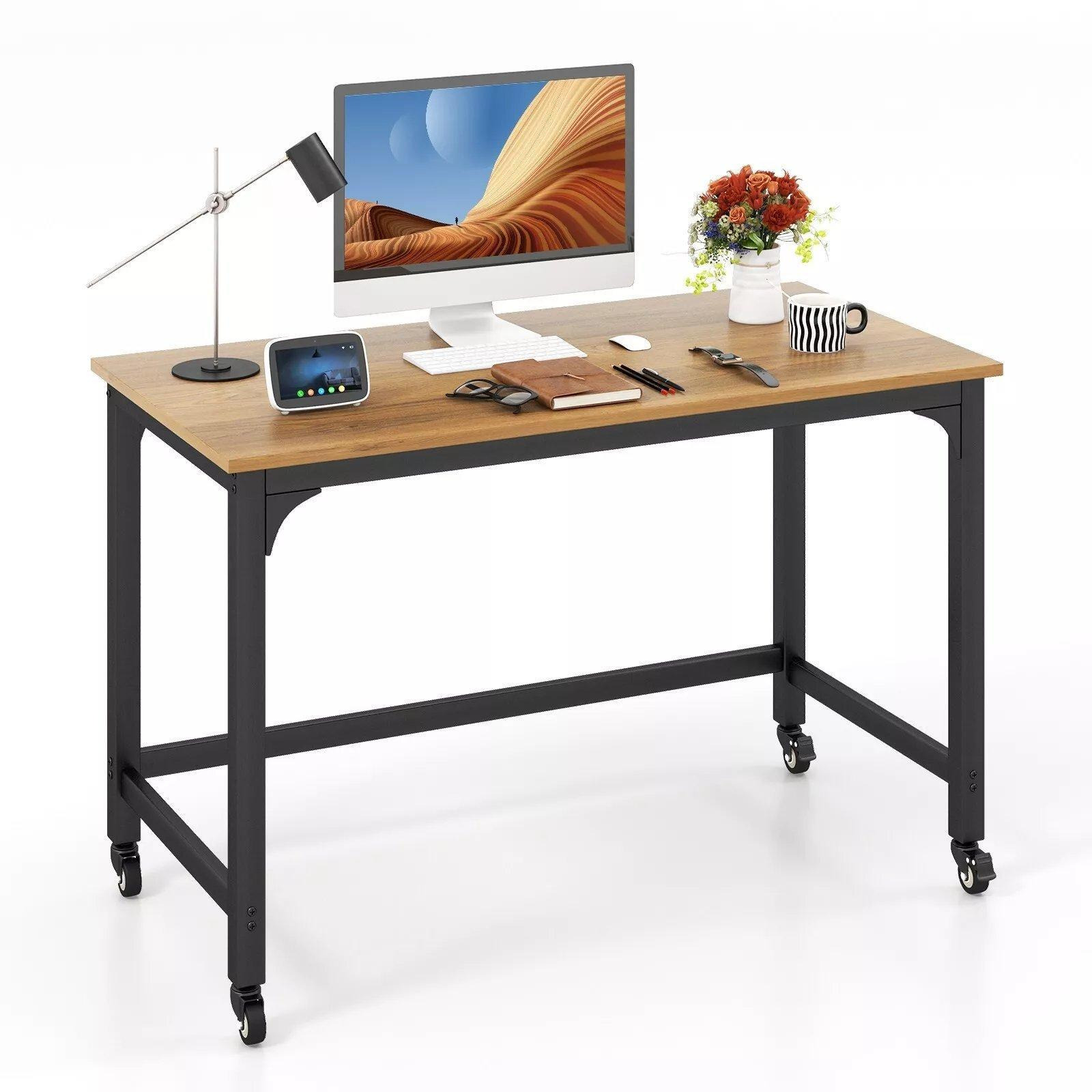 Large Rolling Computer Desk Metal Frame Writing Desk Workstation ...