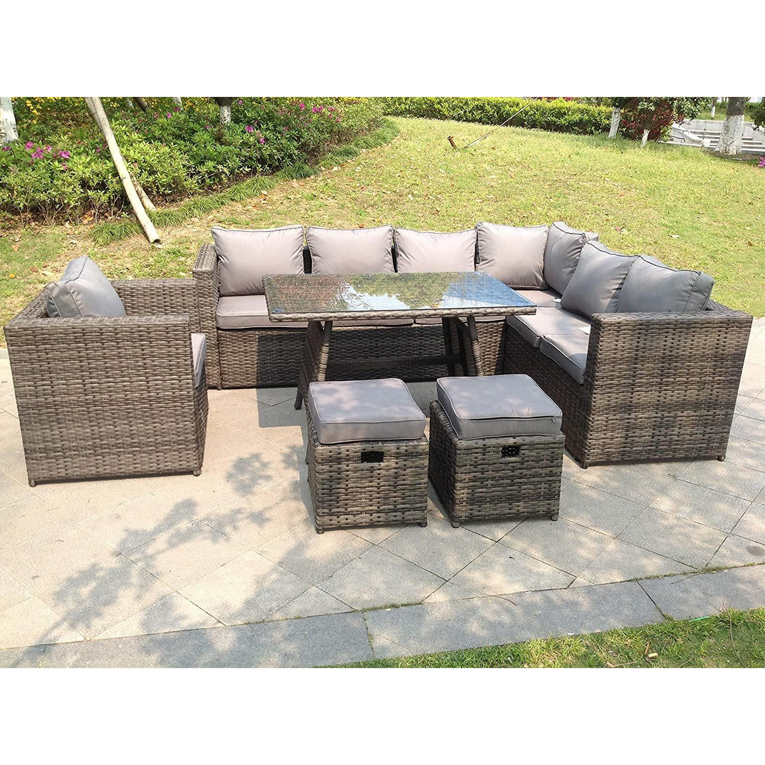 9 Seater Grey Rattan Corner Sofa Set Dining Table Armchair Foot Rest ...