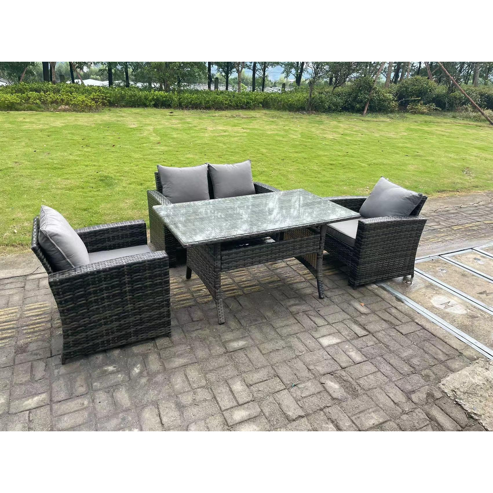 4 Seater Outdoor Dark Grey Mixed High Back Rattan Sofa Dining Table Set ...