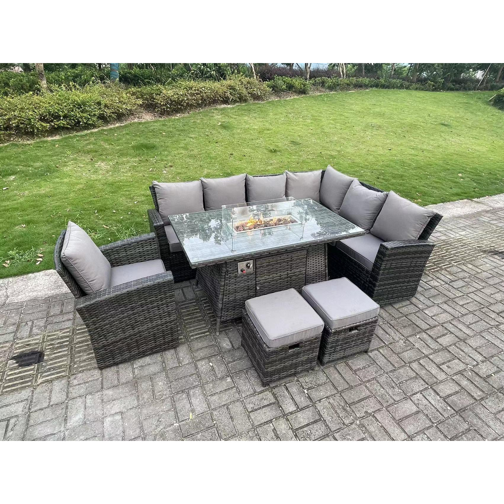 High Back Rattan Garden Furniture Sets Gas Fire Pit Dining Table Gas ...