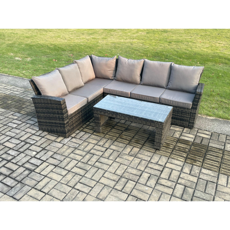 6 Seat Rattan Garden Furniture Corner Sofa Set Outdoor Patio Sofa Table Set Dark Grey Mixed by ...