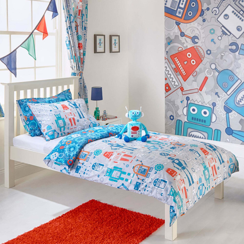 Riva Paoletti Robot Blue Cot Bed Duvet Cover & Pillowcase Set Blue by Dunelm | ufurnish.com