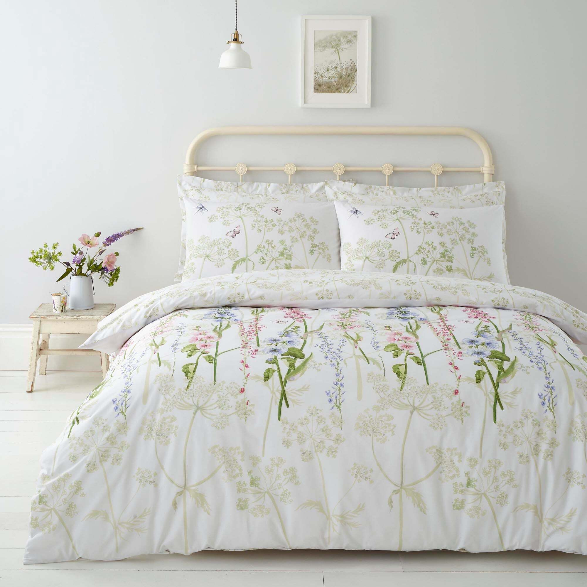 Felicity White Floral Reversible 100% Cotton Duvet Cover and Pillowcase ...