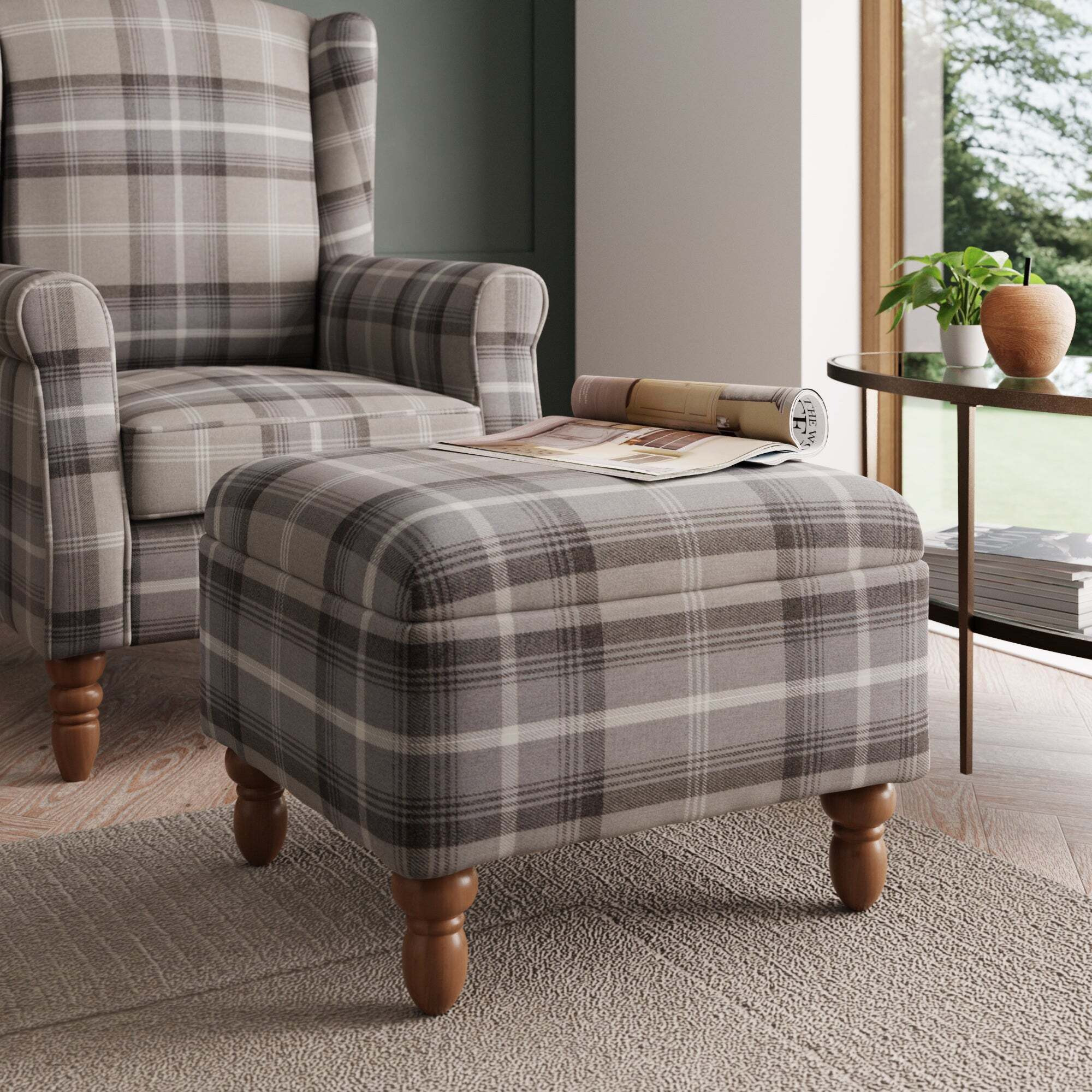 Oswald Check Storage Footstool Grey by Dunelm | ufurnish.com