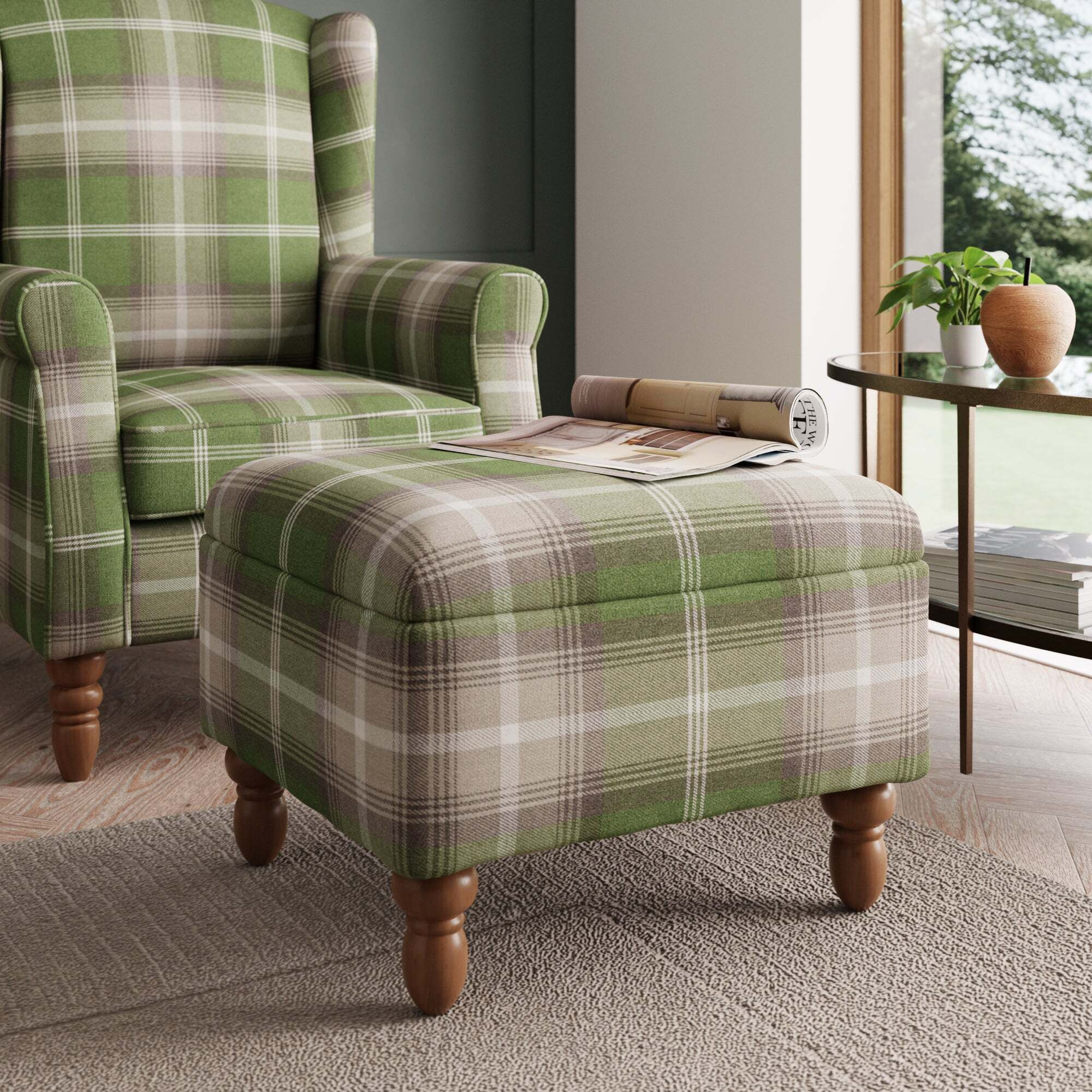 Oswald Check Storage Footstool Green by Dunelm | ufurnish.com