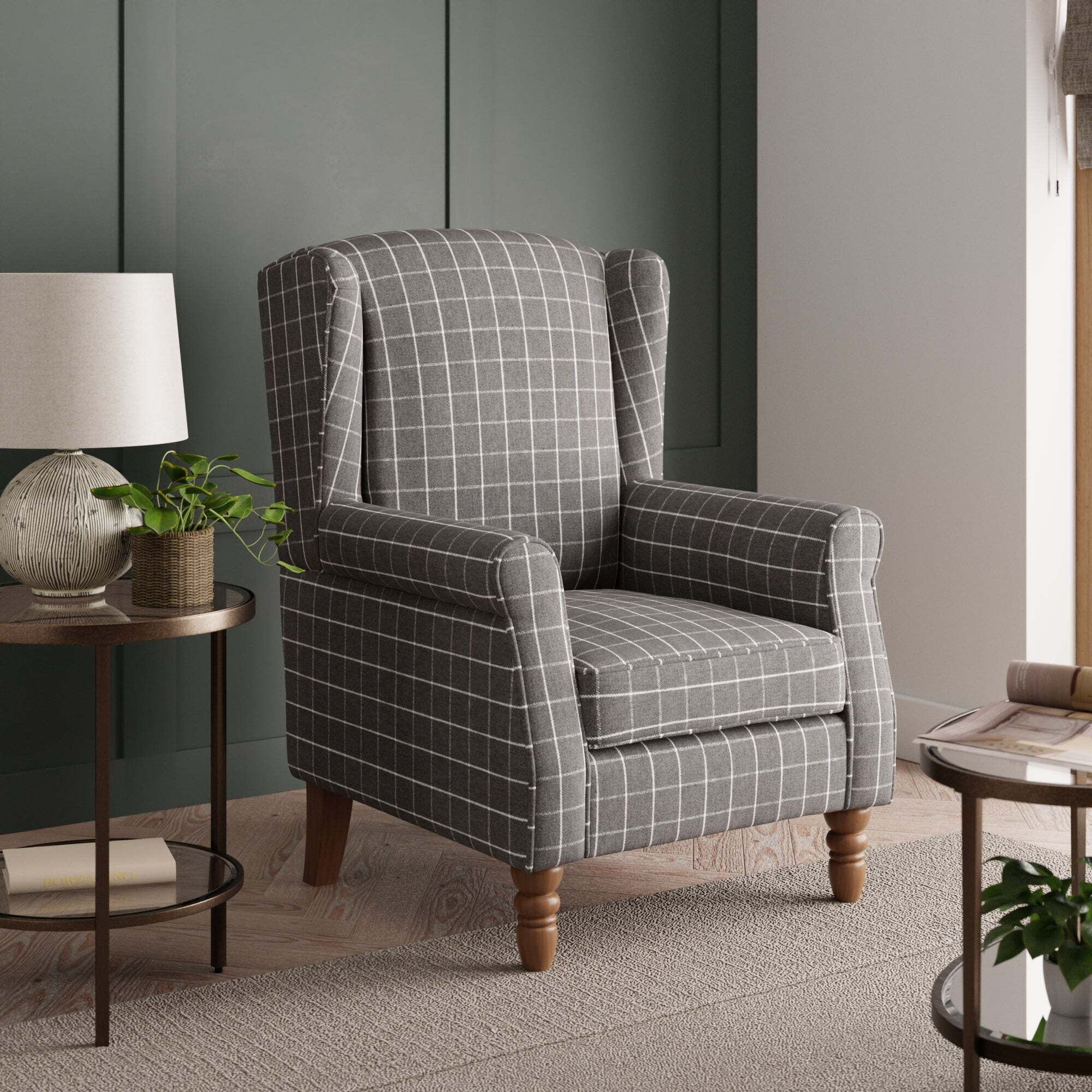 Oswald Window Pane Check Wingback Armchair Grey/White by Dunelm ...