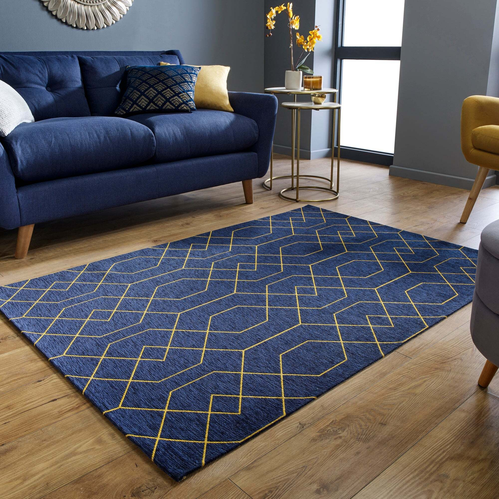 Tokyo Geometric Rug Navy and Yellow by Dunelm | ufurnish.com