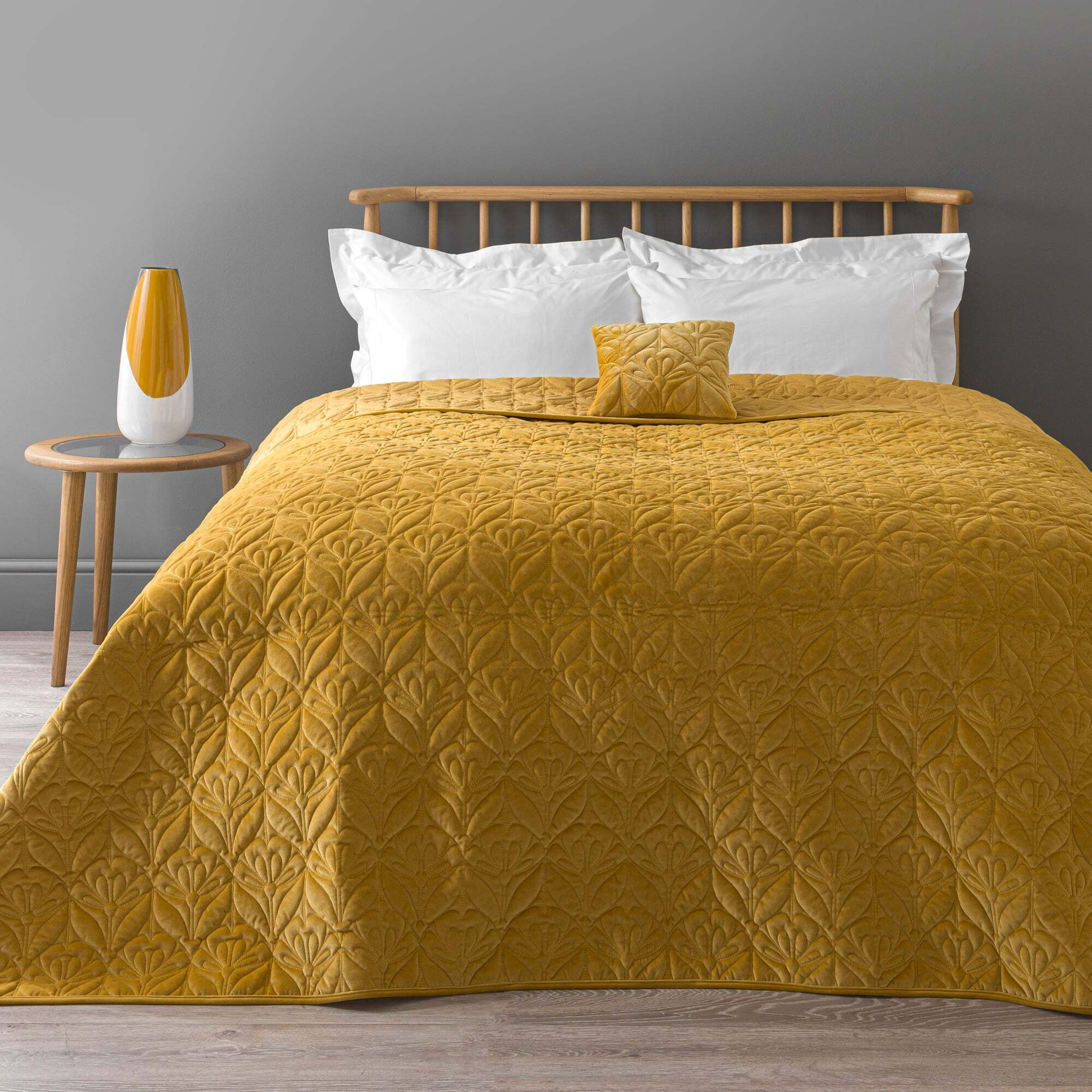 Stem Velvet Bedspread Yellow by Dunelm | ufurnish.com