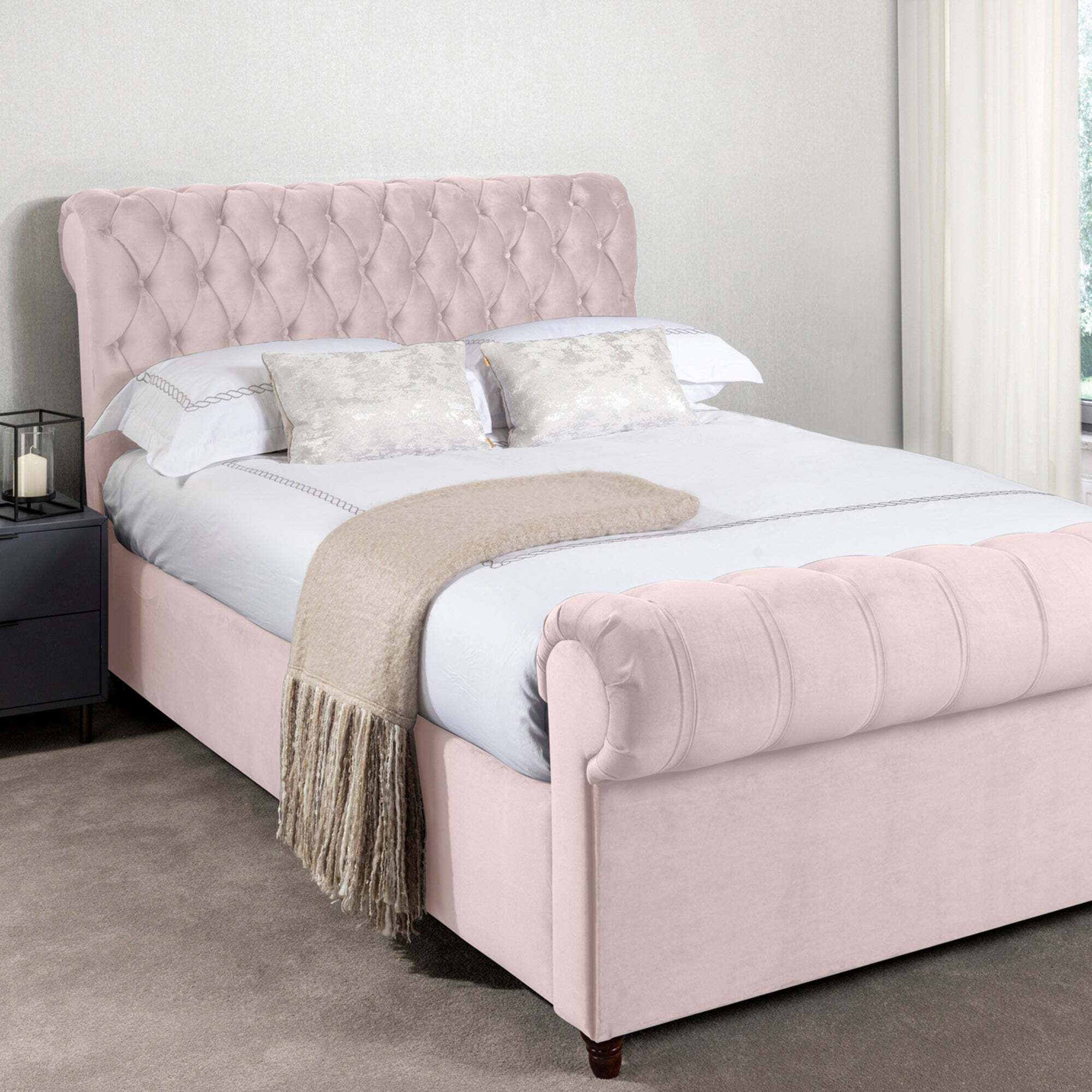 Fabio Velvet Blush Bed Frame Blush by Dunelm | ufurnish.com
