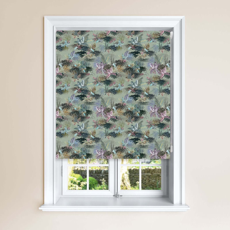 Jungle Lichen Blackout Roller Blind Blue, Green and Pink by Dunelm | ufurnish.com