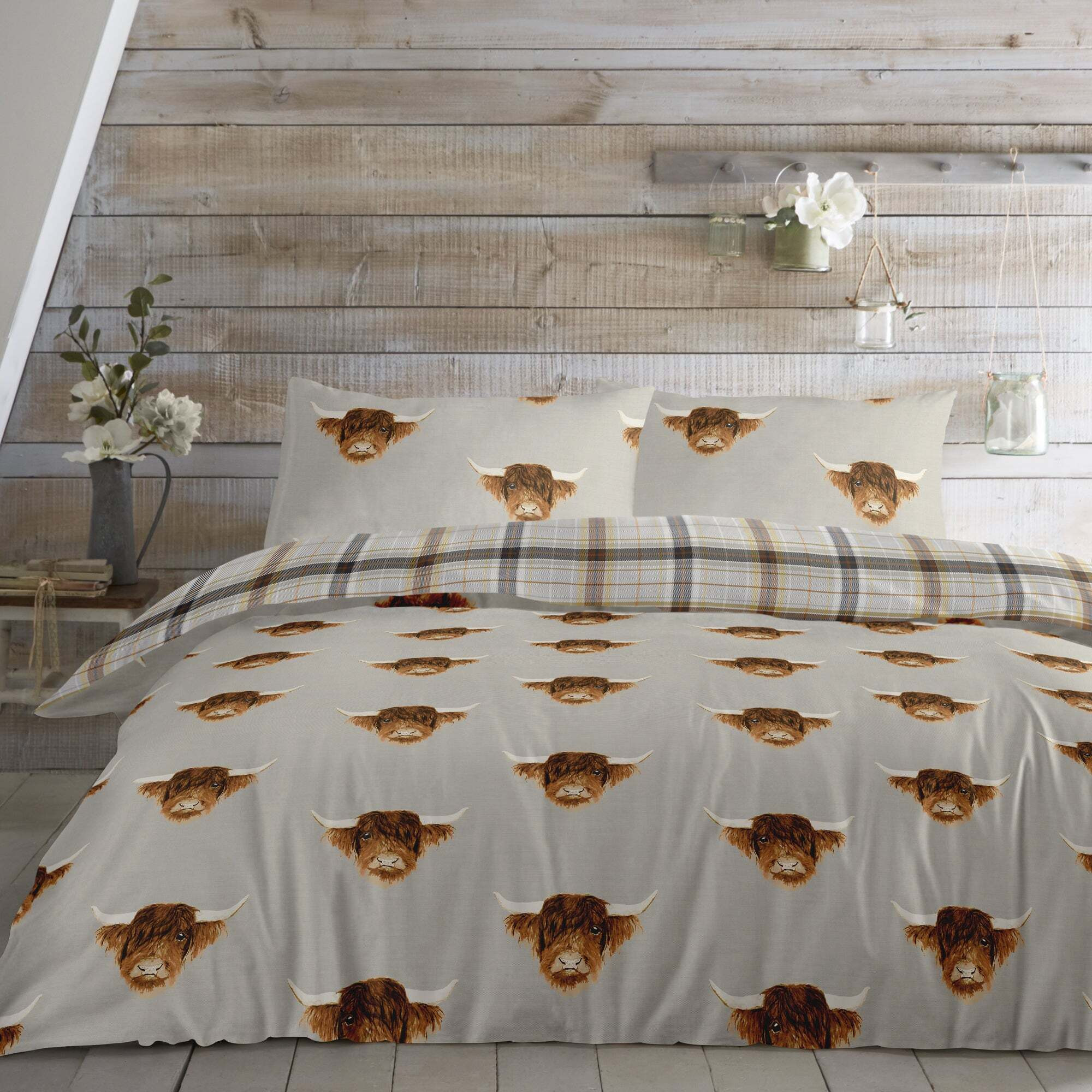 Fusion Highland Cow Duvet Cover and Pillowcase Set Grey/Brown by Dunelm | ufurnish.com