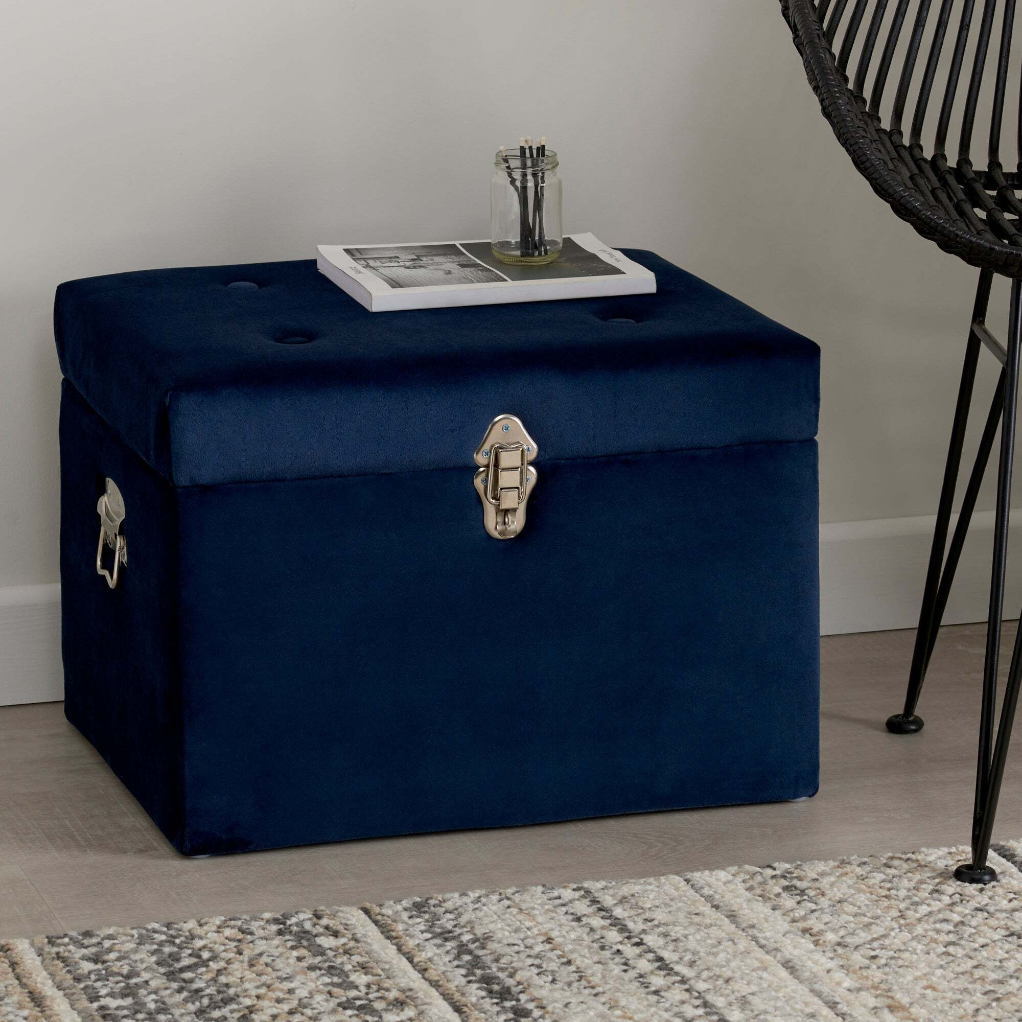 Luxe Navy Velvet Storage Trunk Navy Blue by Dunelm | ufurnish.com