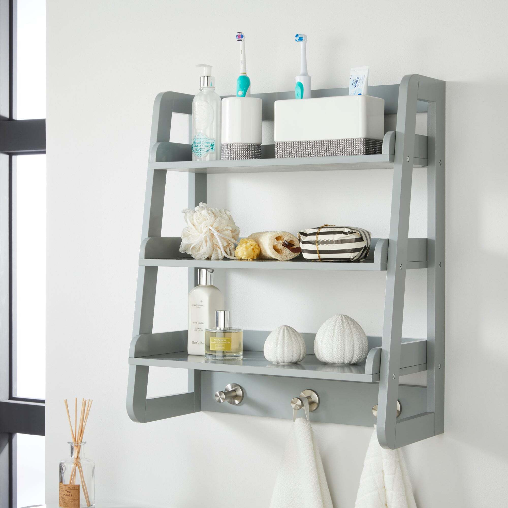 Jasper Grey Wall Mounted Shelves with Chrome Hooks Grey by Dunelm ...