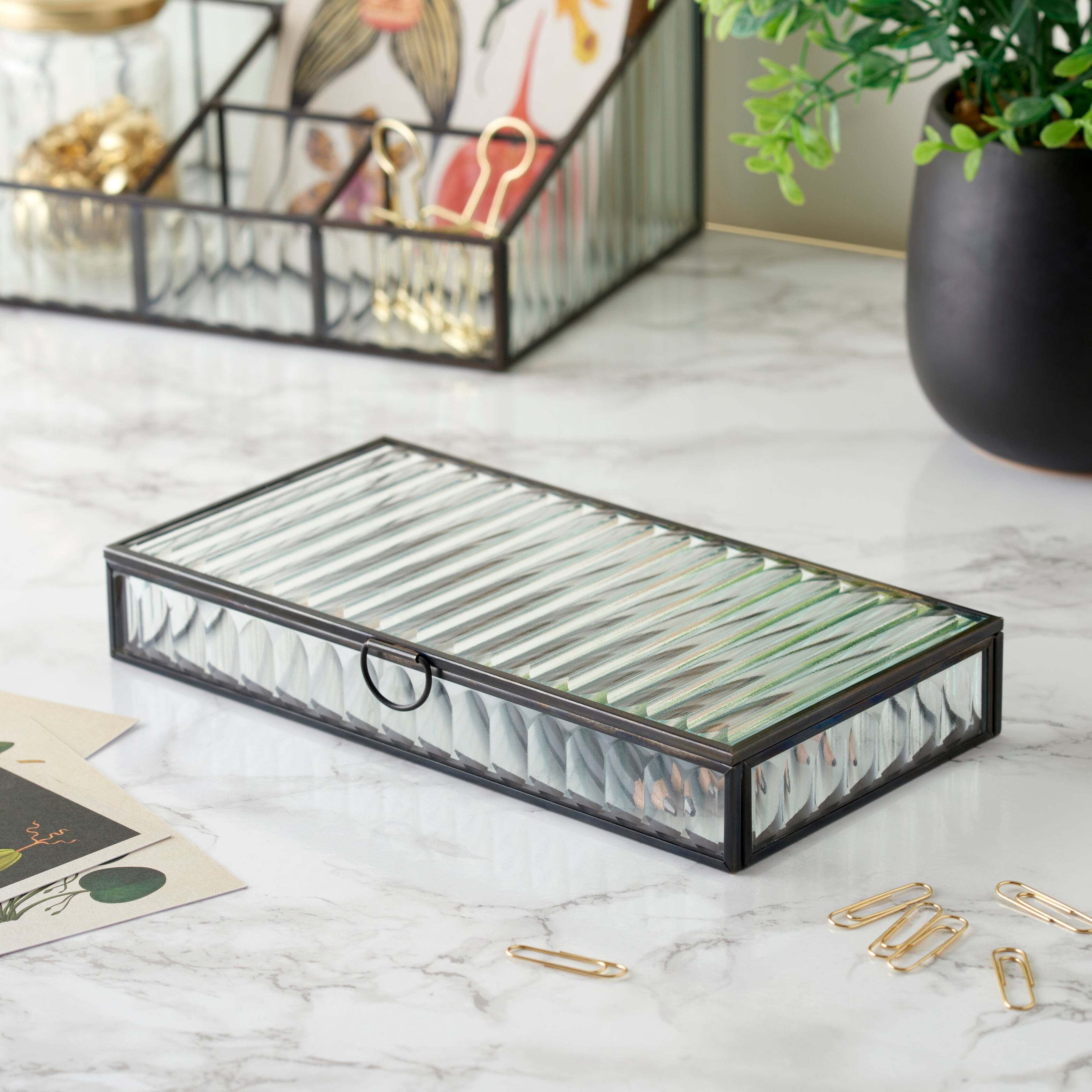 Black Ribbed Glass Desk Box Black by Dunelm | ufurnish.com