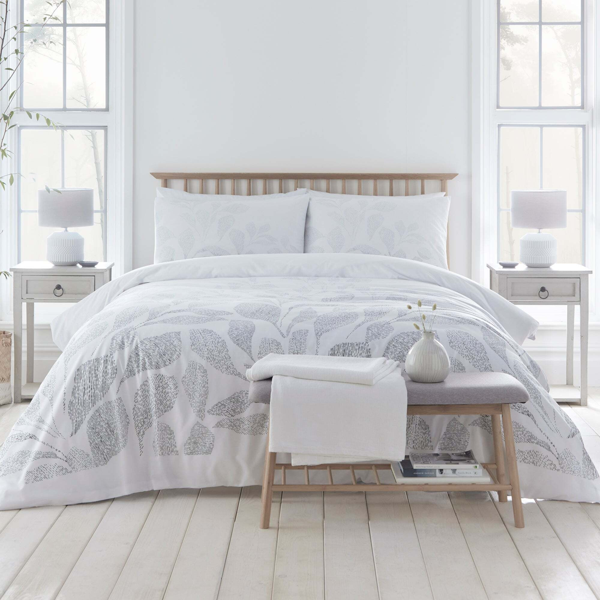 Drift Textured Leaf Silver Eco-Friendly Duvet Cover and Pillowcase Set ...