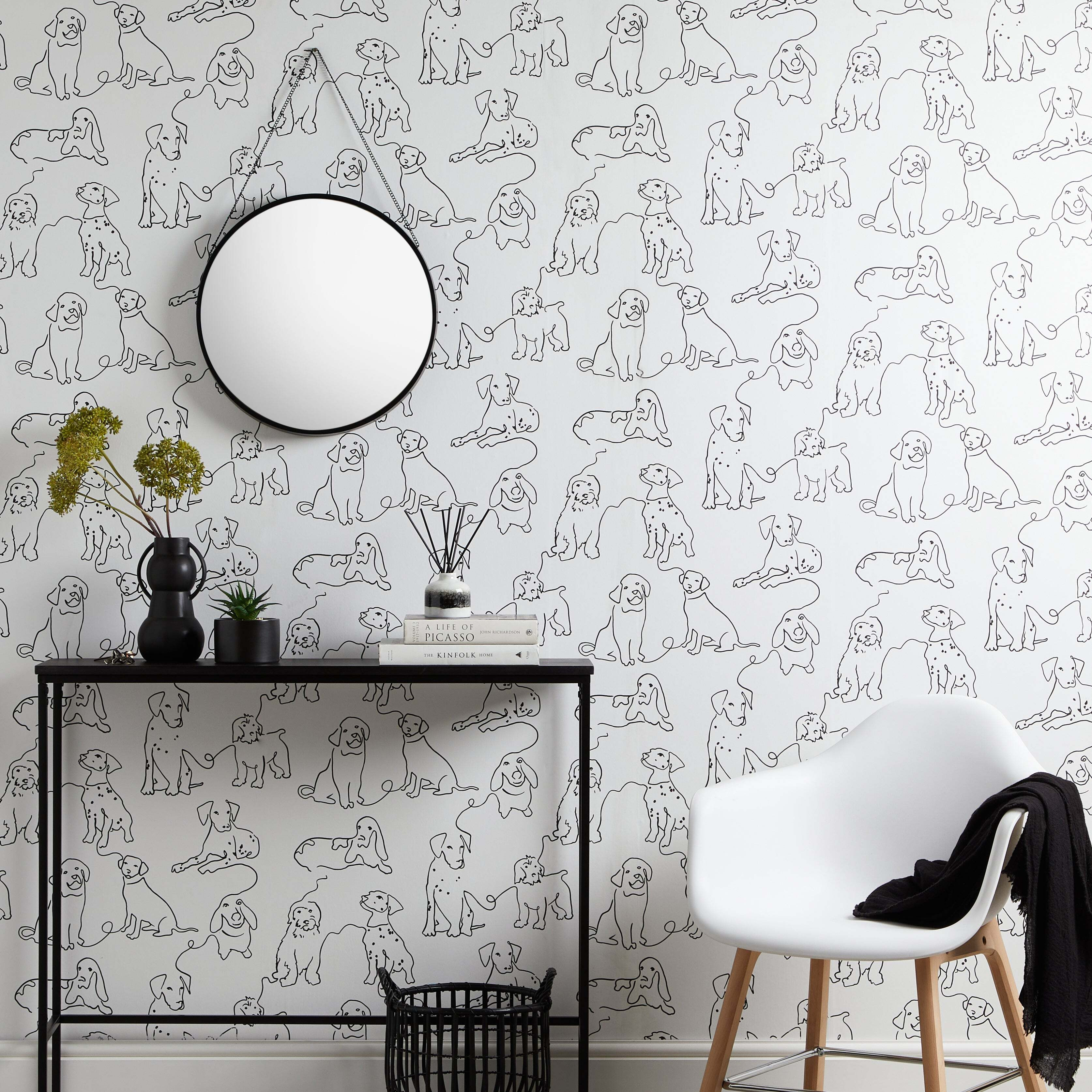 Linear Dogs White Wallpaper White by Dunelm | ufurnish.com