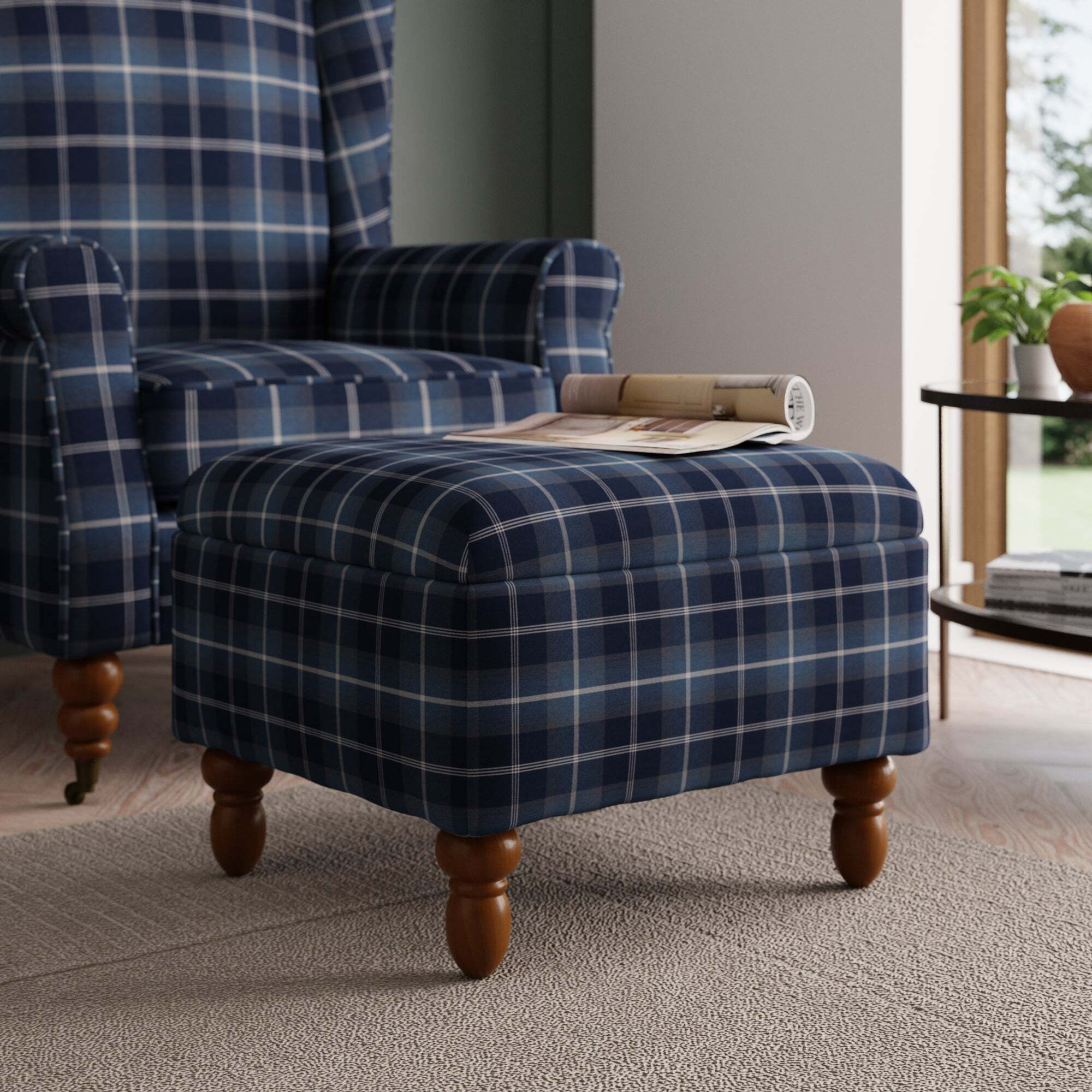 Oswald Check Storage Footstool Navy Blue/White by Dunelm | ufurnish.com
