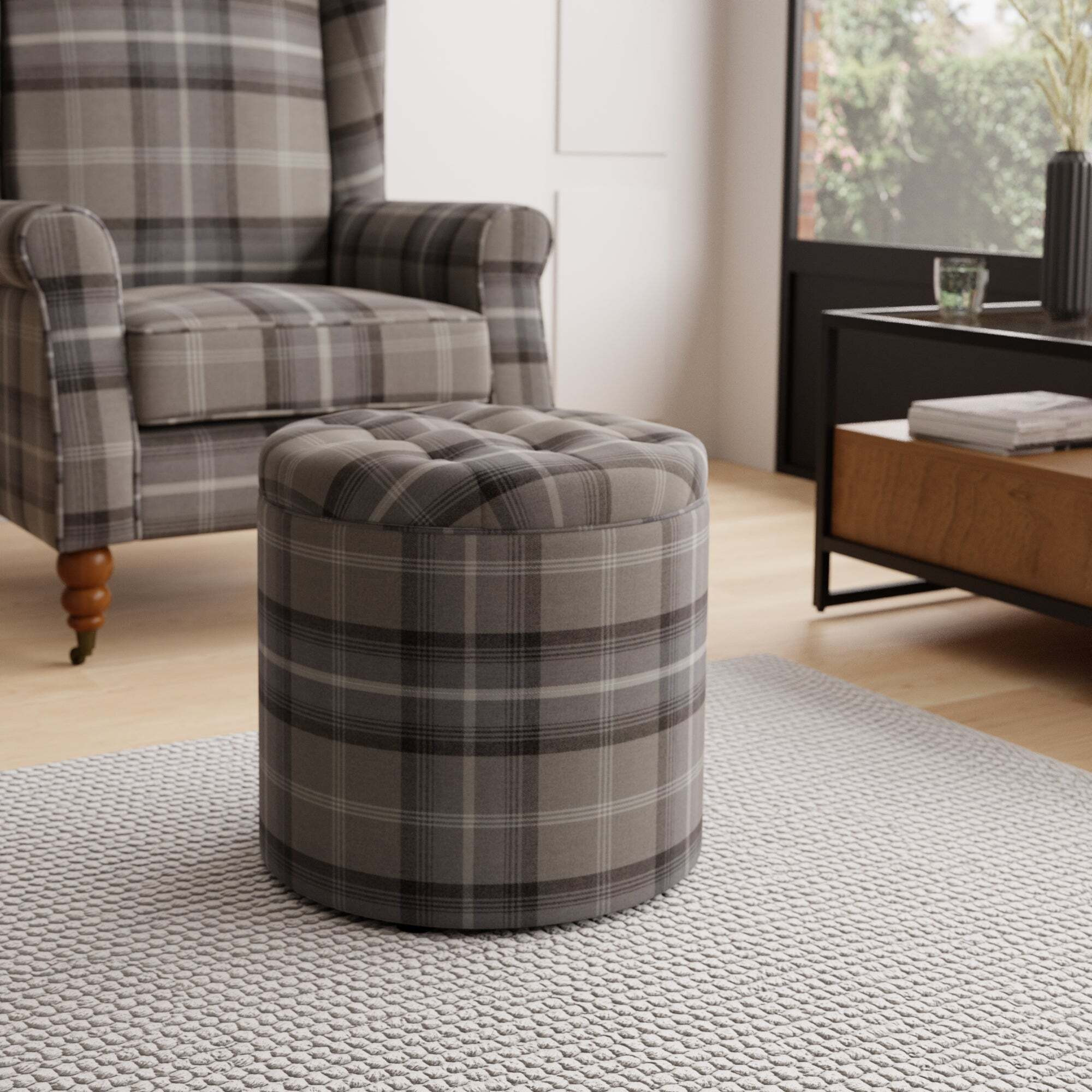 Oswald Check Round Buttoned Storage Footstool Grey Oswald Wingback by ...