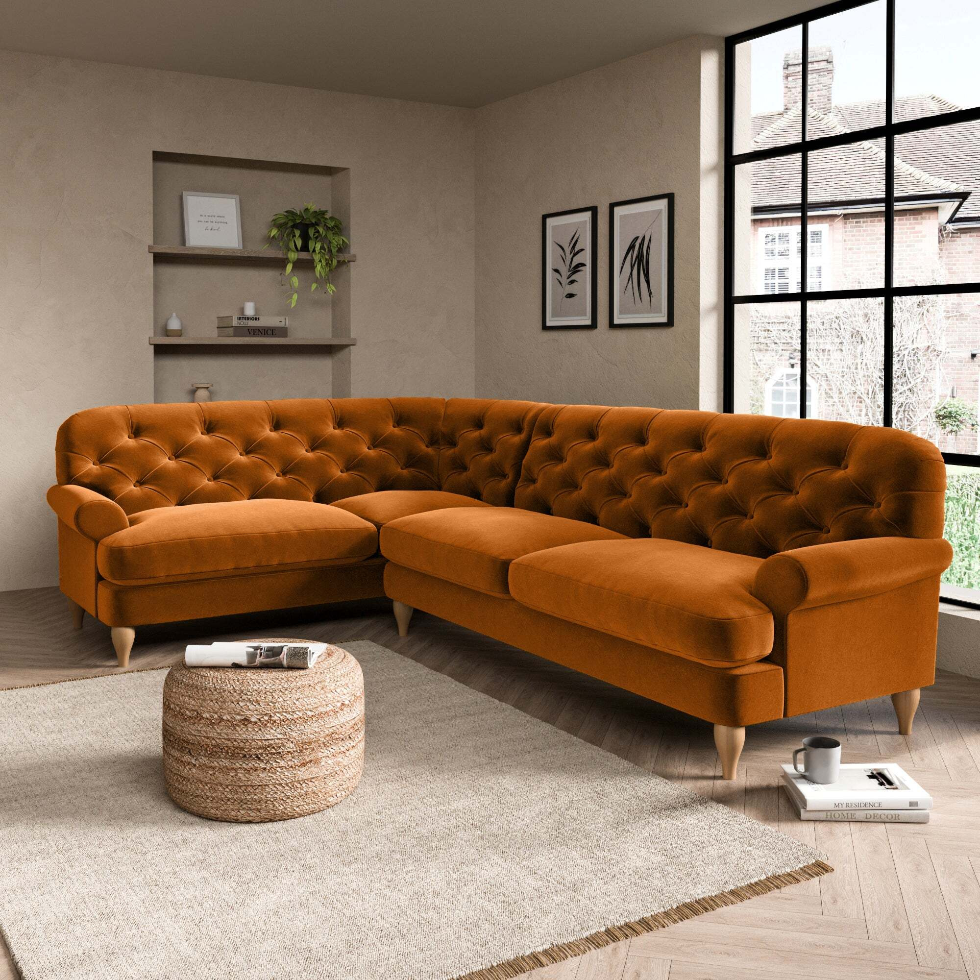 Canterbury Corner Sofa Luxury Velvet Orange Umber by Dunelm | ufurnish.com