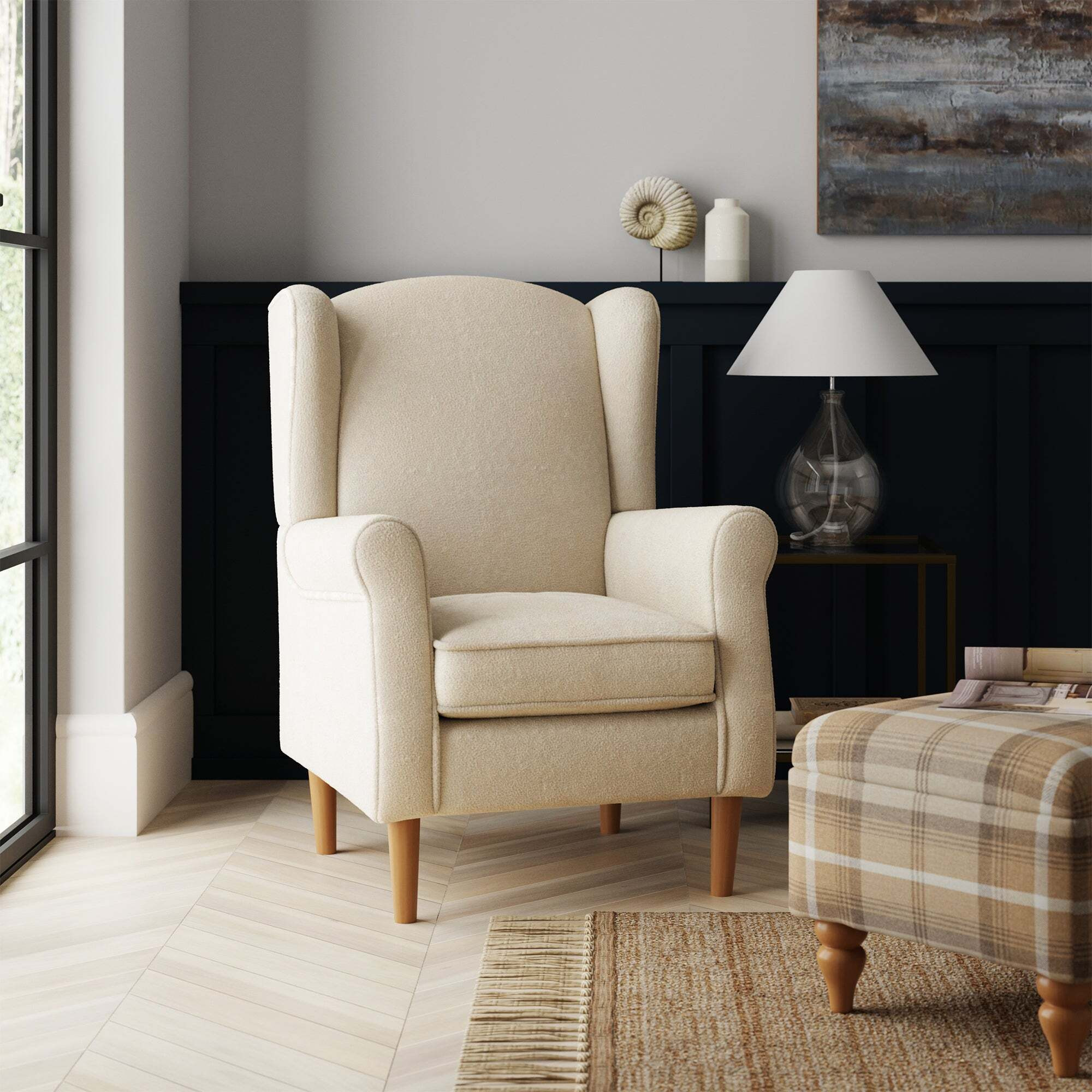 Oswald Sandstone Sherpa Wingback Armchair Beige by Dunelm | ufurnish.com