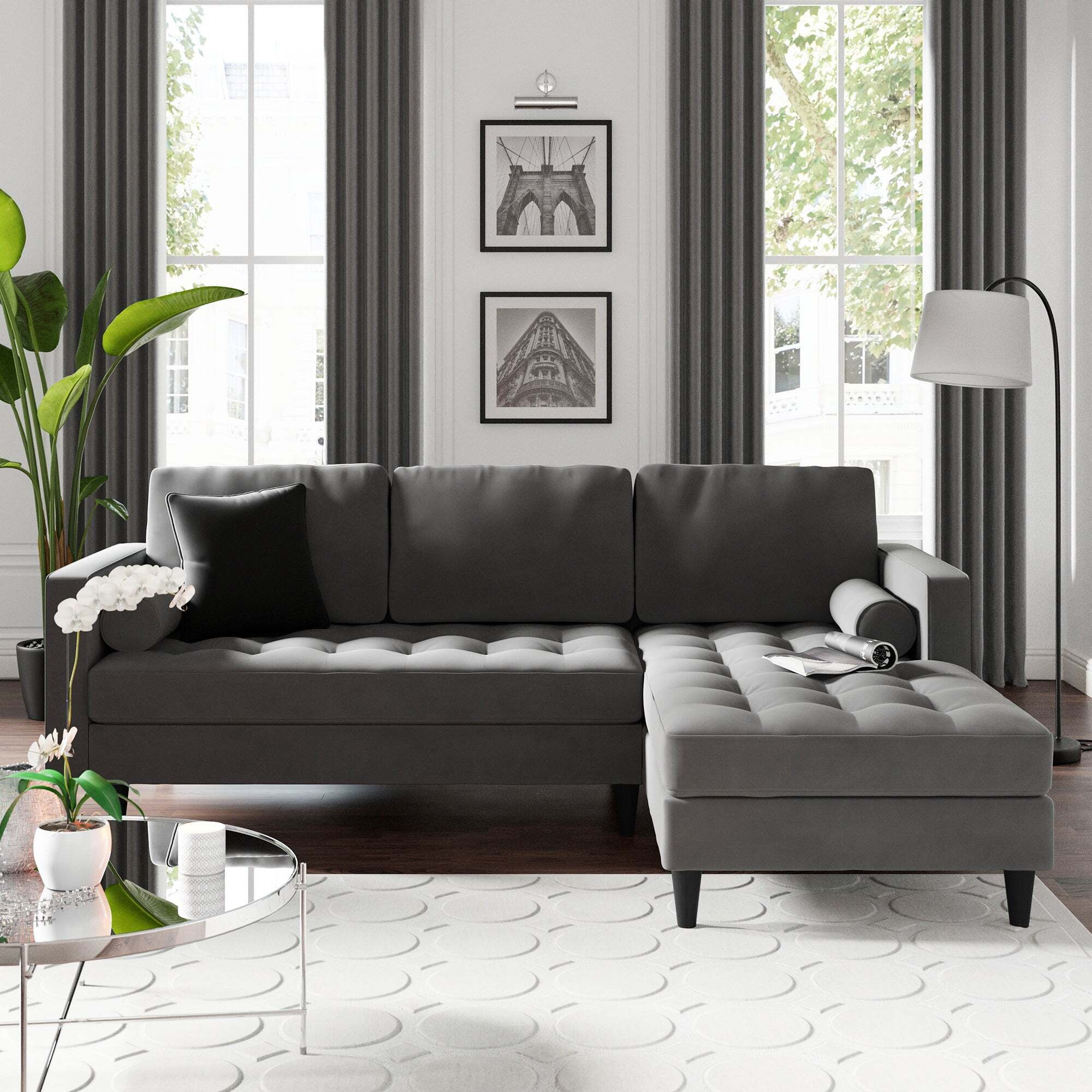 Zoe Velvet Corner Chaise Grey by Dunelm | ufurnish.com