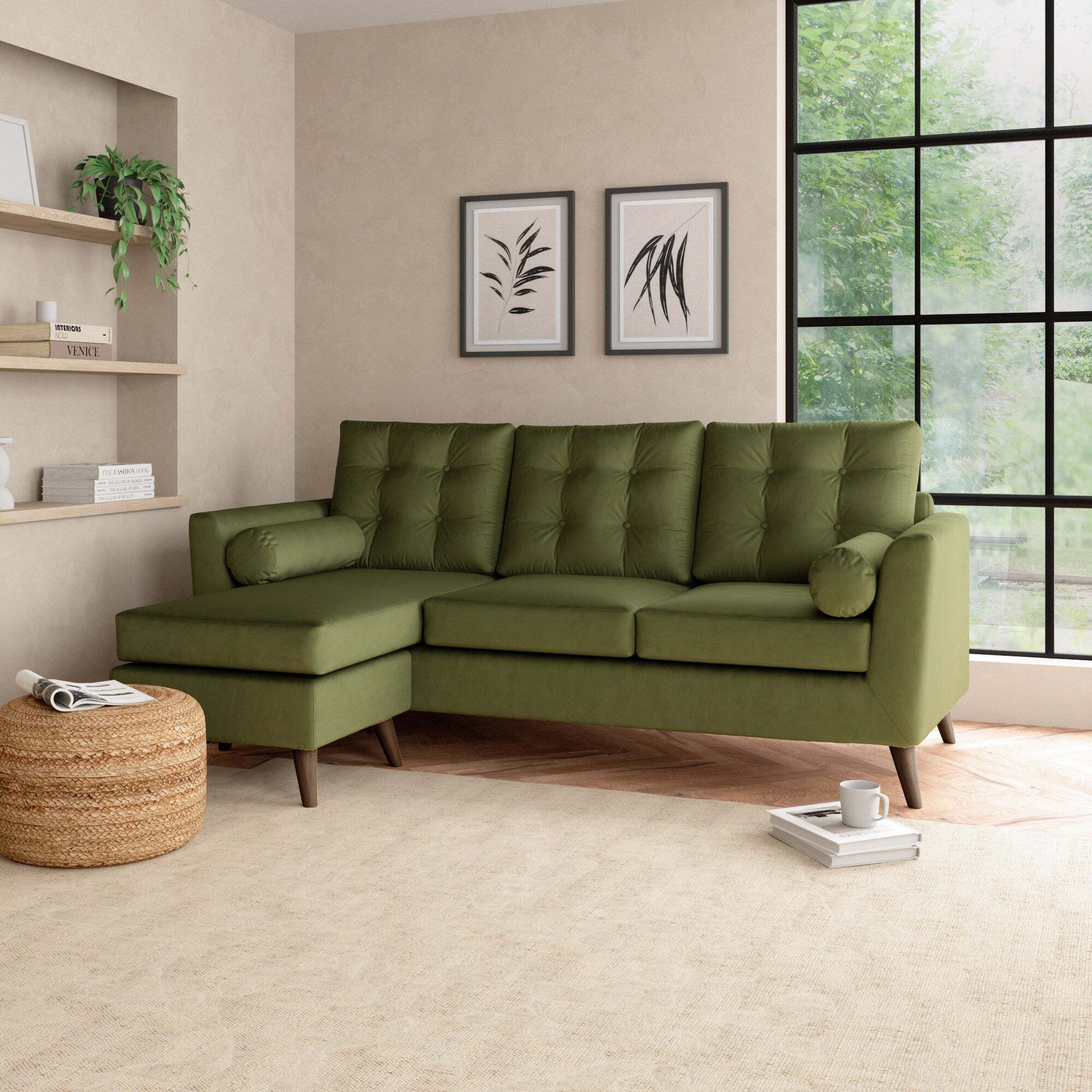 Lewes Large Corner Chaise Green by Dunelm | ufurnish.com