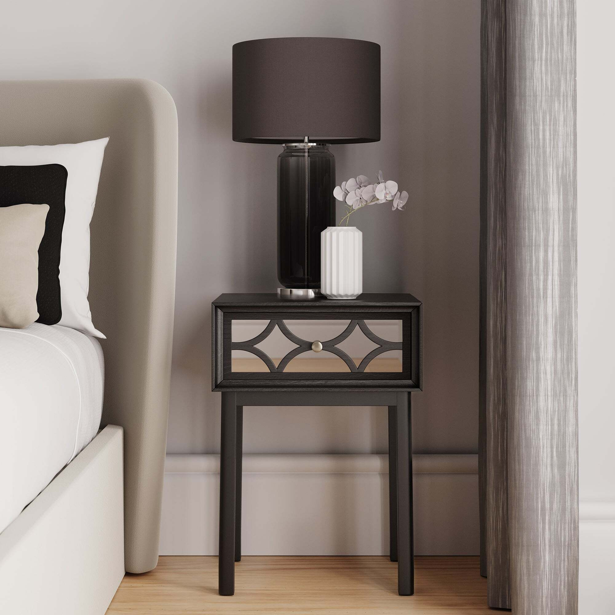 Delphi 1 Drawer Bedside Table, Mirrored Black by Dunelm | ufurnish.com