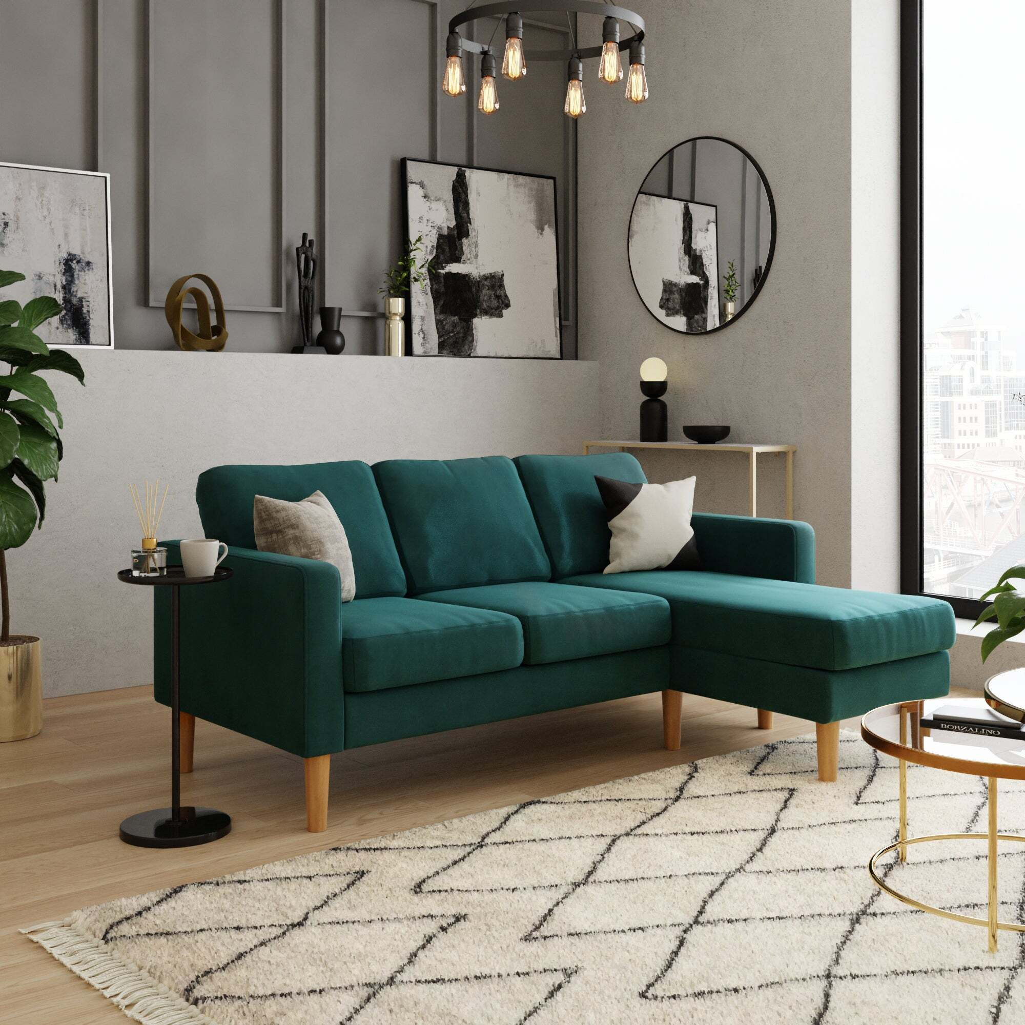 Jacob Velvet Reversible Small Corner Chaise Sofa Green by Dunelm ...