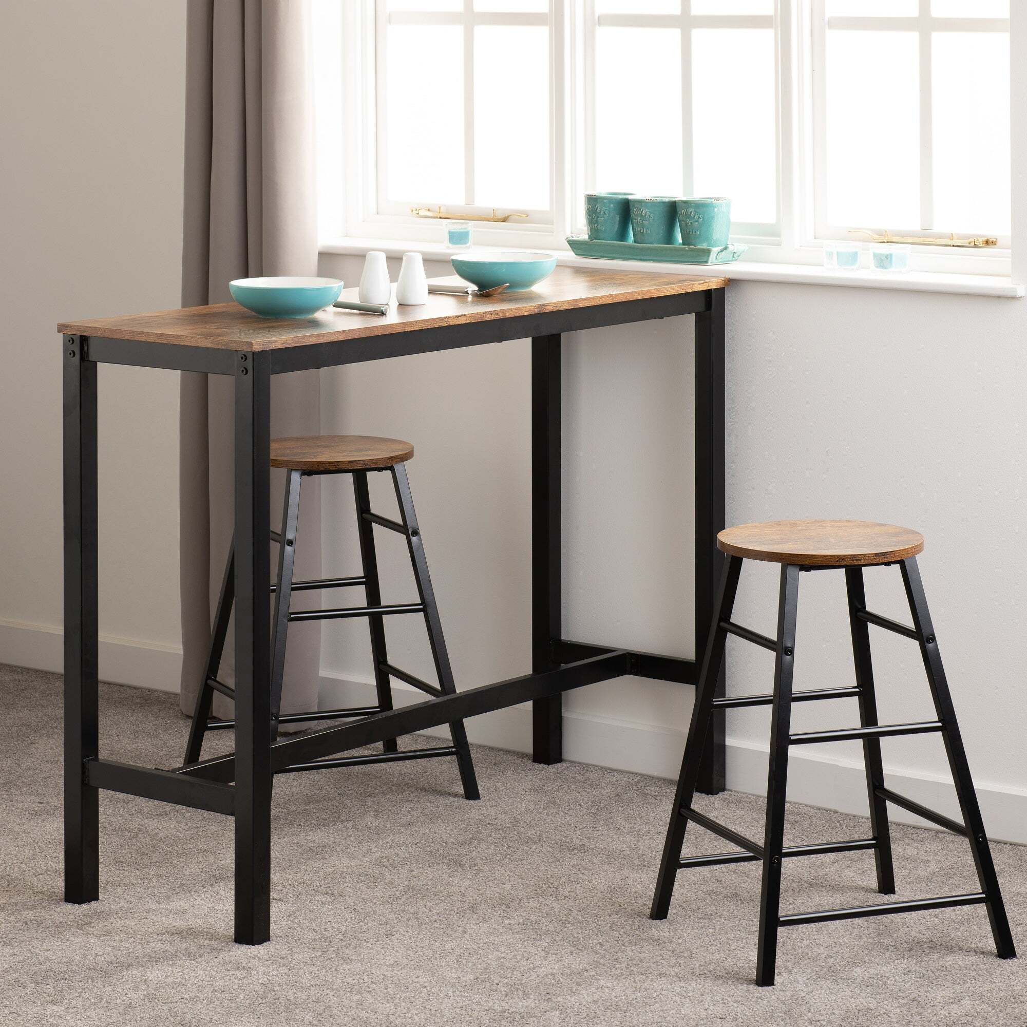 Athens Rectangular Bar Table with 2 Stools Brown by Dunelm | ufurnish.com