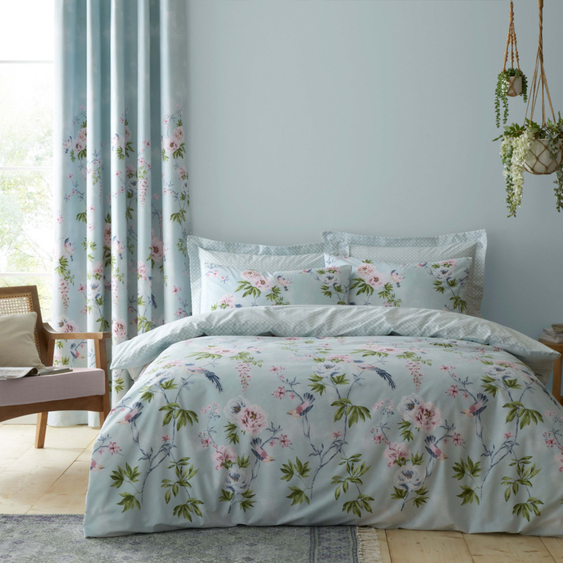Chinoiserie Bird Seafoam Duvet Cover and Pillowcase Set Green/Pink/Blue ...