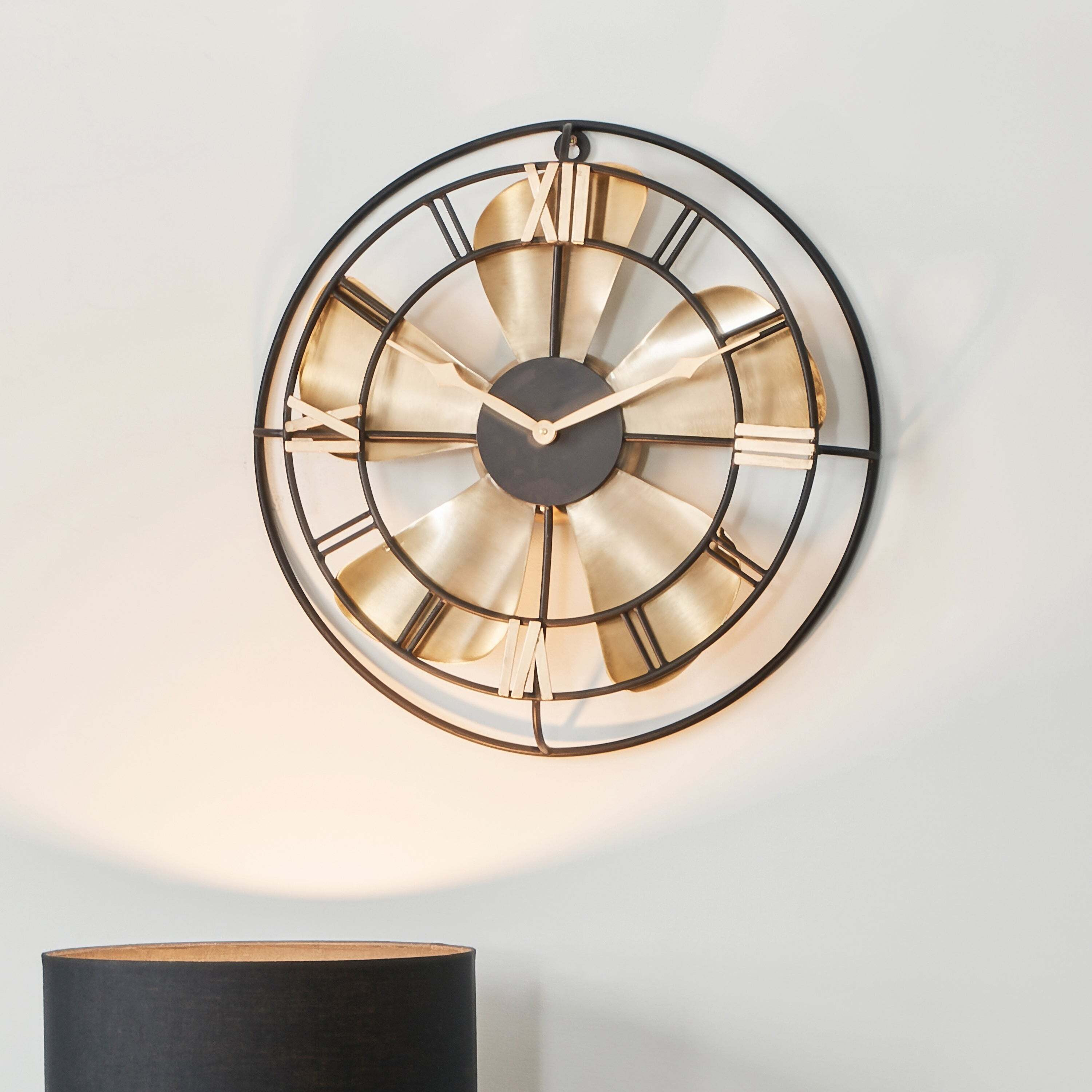 Antique Brass & Black Fan Design Wall Clock 46cm Gold/Black by Dunelm ...