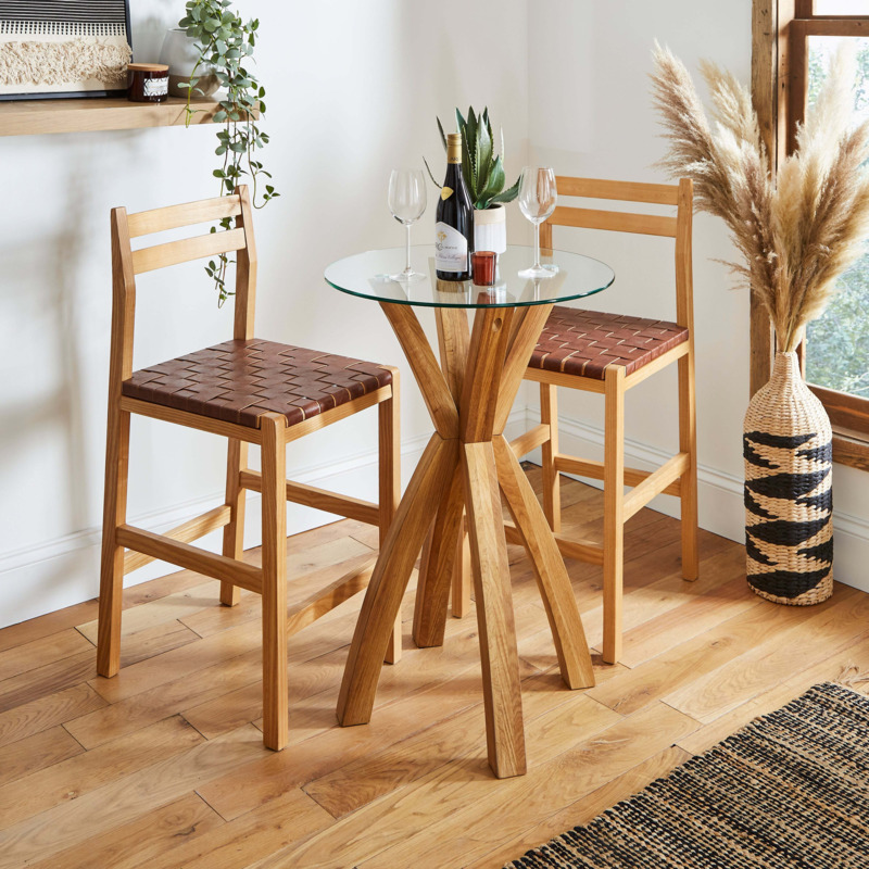 Xavi 2 Seater Round Bar Table, Glass Top Oak by Dunelm | ufurnish.com