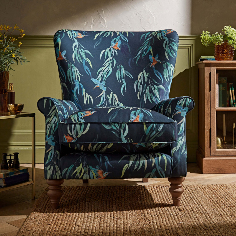 Charlbury Wing Chair Kingfisher Print Blue by Dunelm | ufurnish.com