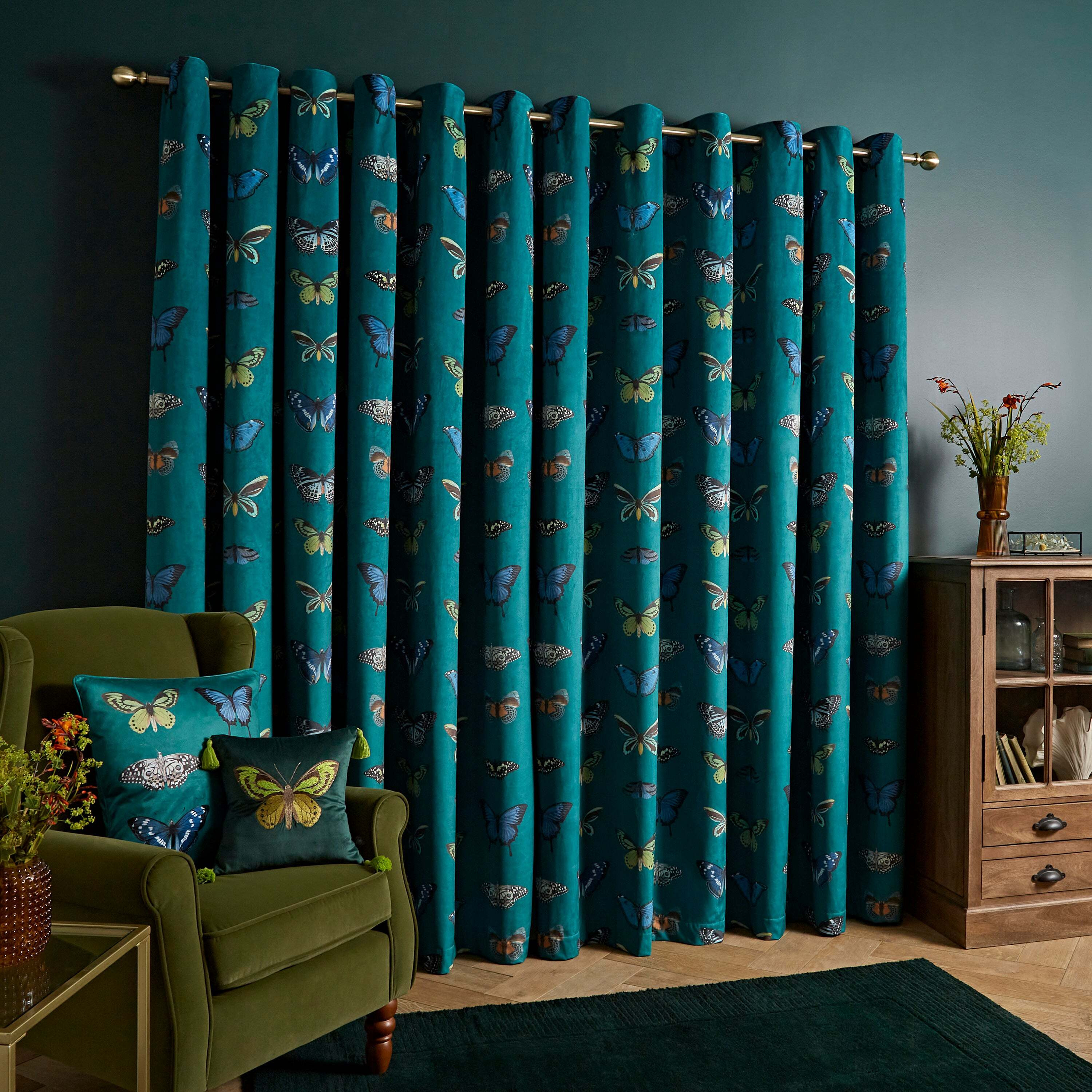 Butterfly Curator Emerald Eyelet Curtains Green by Dunelm | ufurnish.com