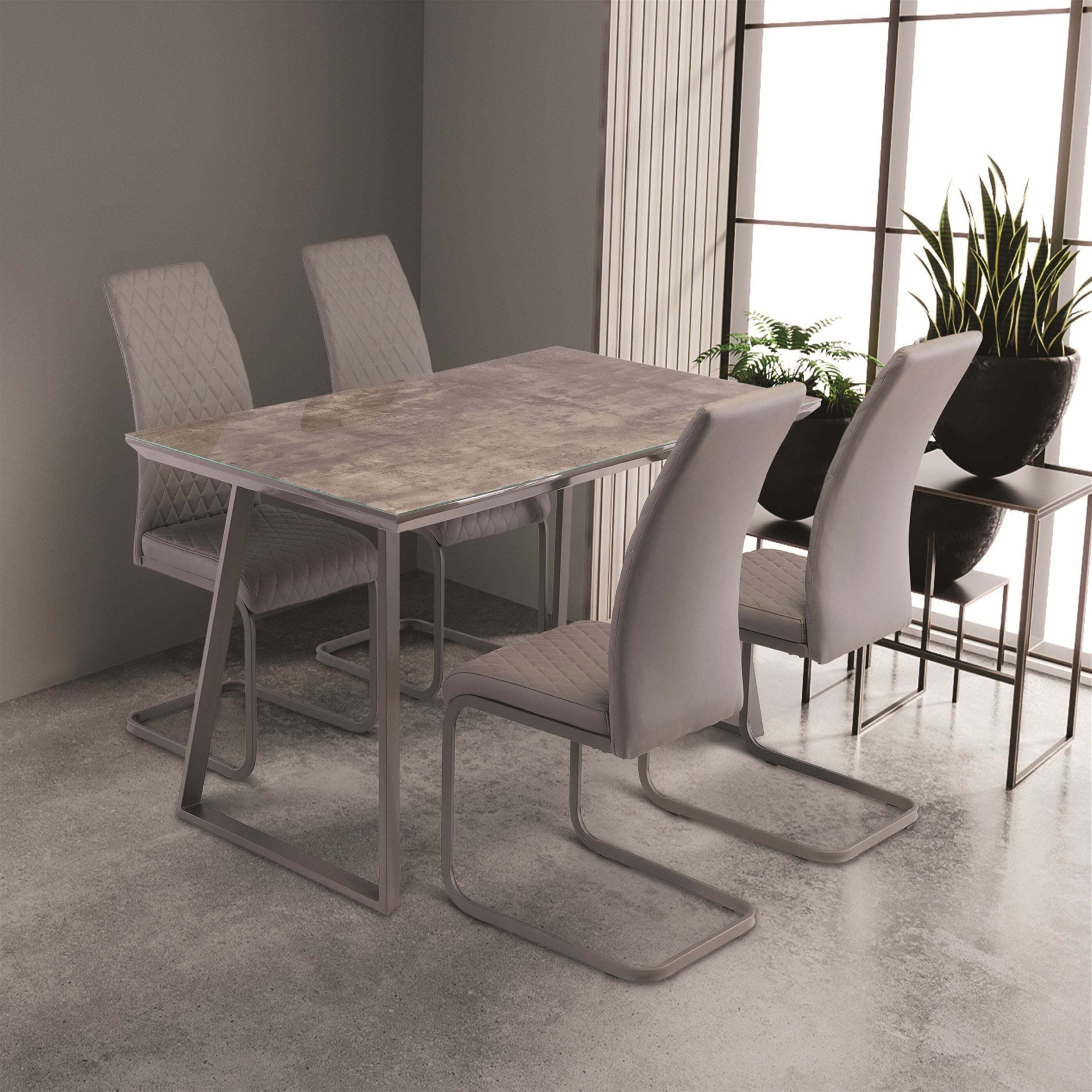 Paris 4 Seater Rectangular Glass Top Dining Table, Concrete Effect Grey ...