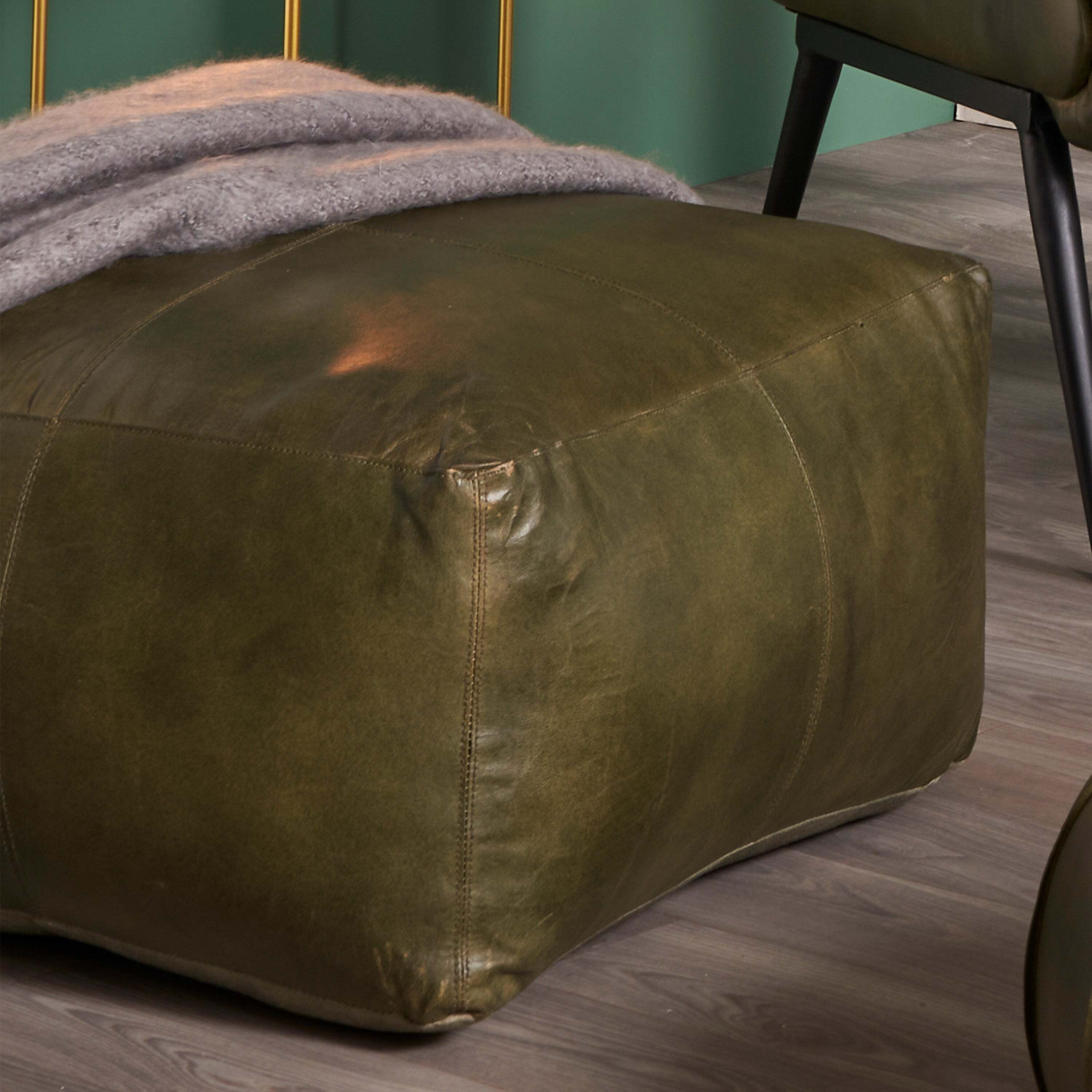 Matteo Leather Pouffe Green by Dunelm | ufurnish.com