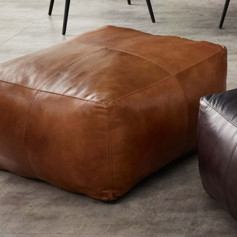 Matteo Leather Pouffe Tan (Brown) by Dunelm | ufurnish.com