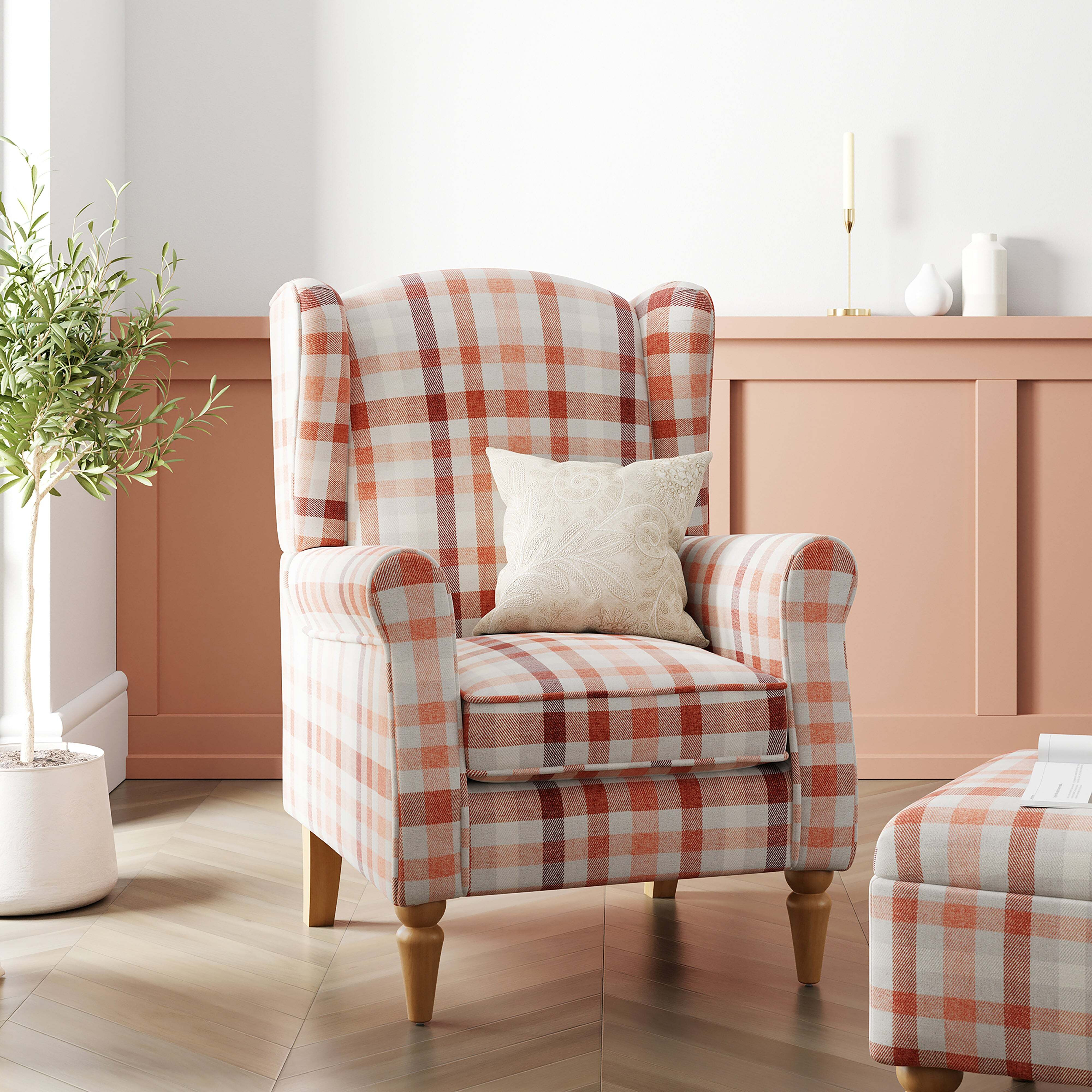 Oswald Check Armchair, Bright Coral Coral by Dunelm | ufurnish.com